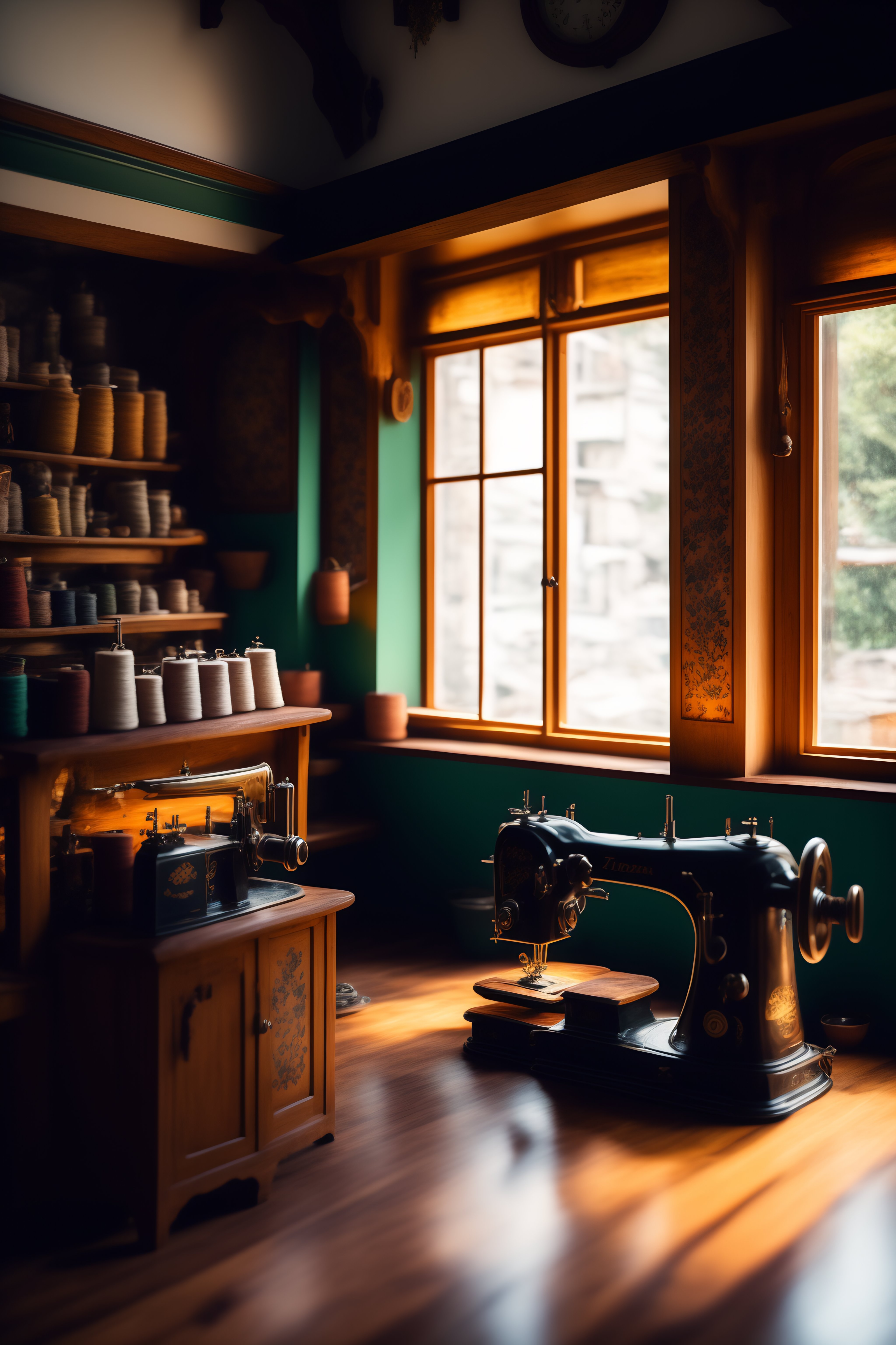 Lexica - Inside view of an old tea shop which also has old sewing machines