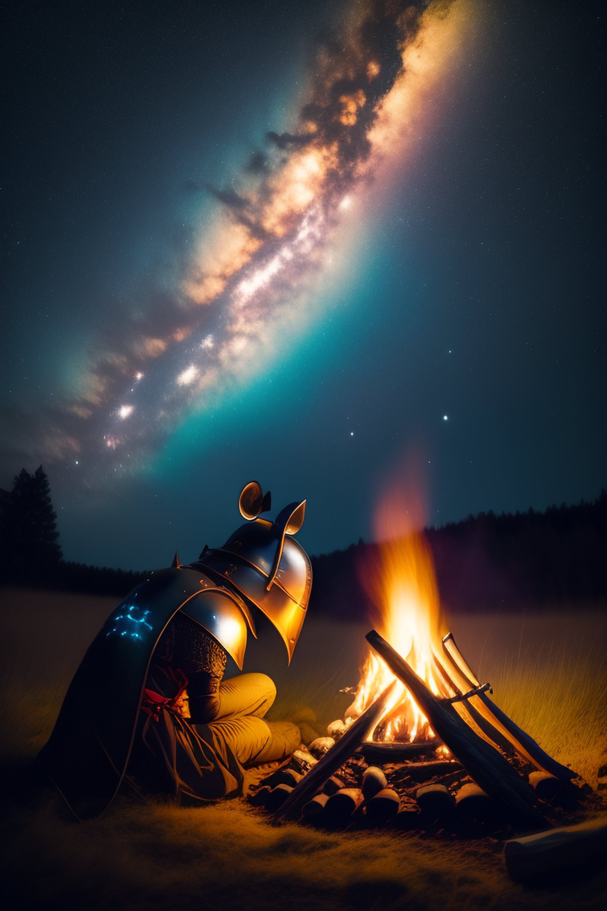 Lexica - A knight resting beside a campfire looking up at the stars at ...