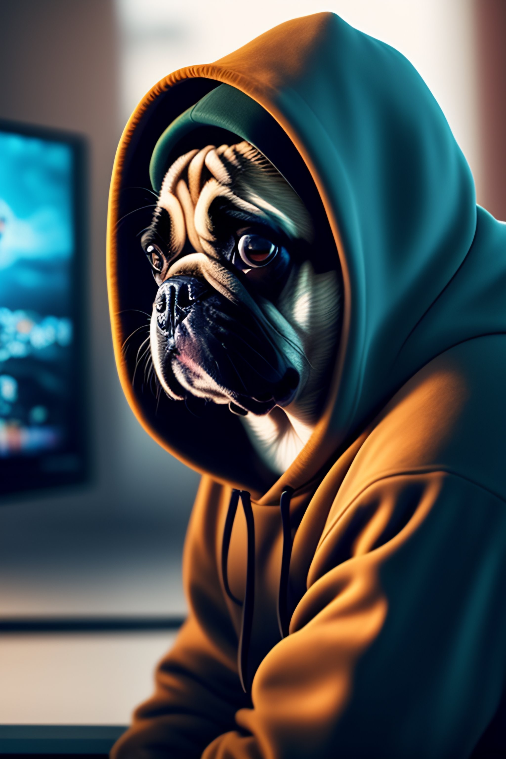 Lexica - A pug gamer in a hoodie, sitting by a gaming computer. Playing ...