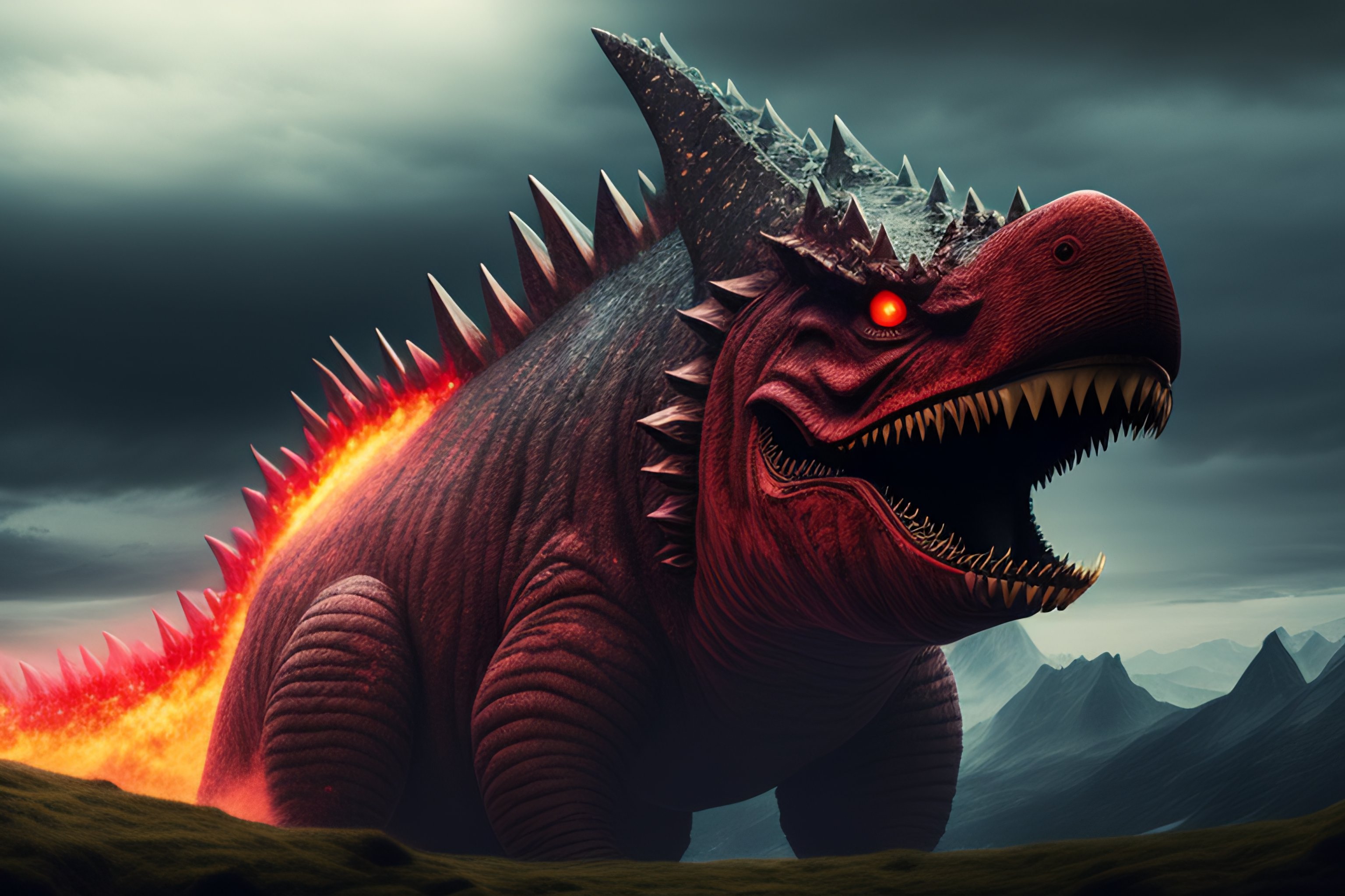 Lexica - An image of a bloody monster which looks like Godzilla lying dead