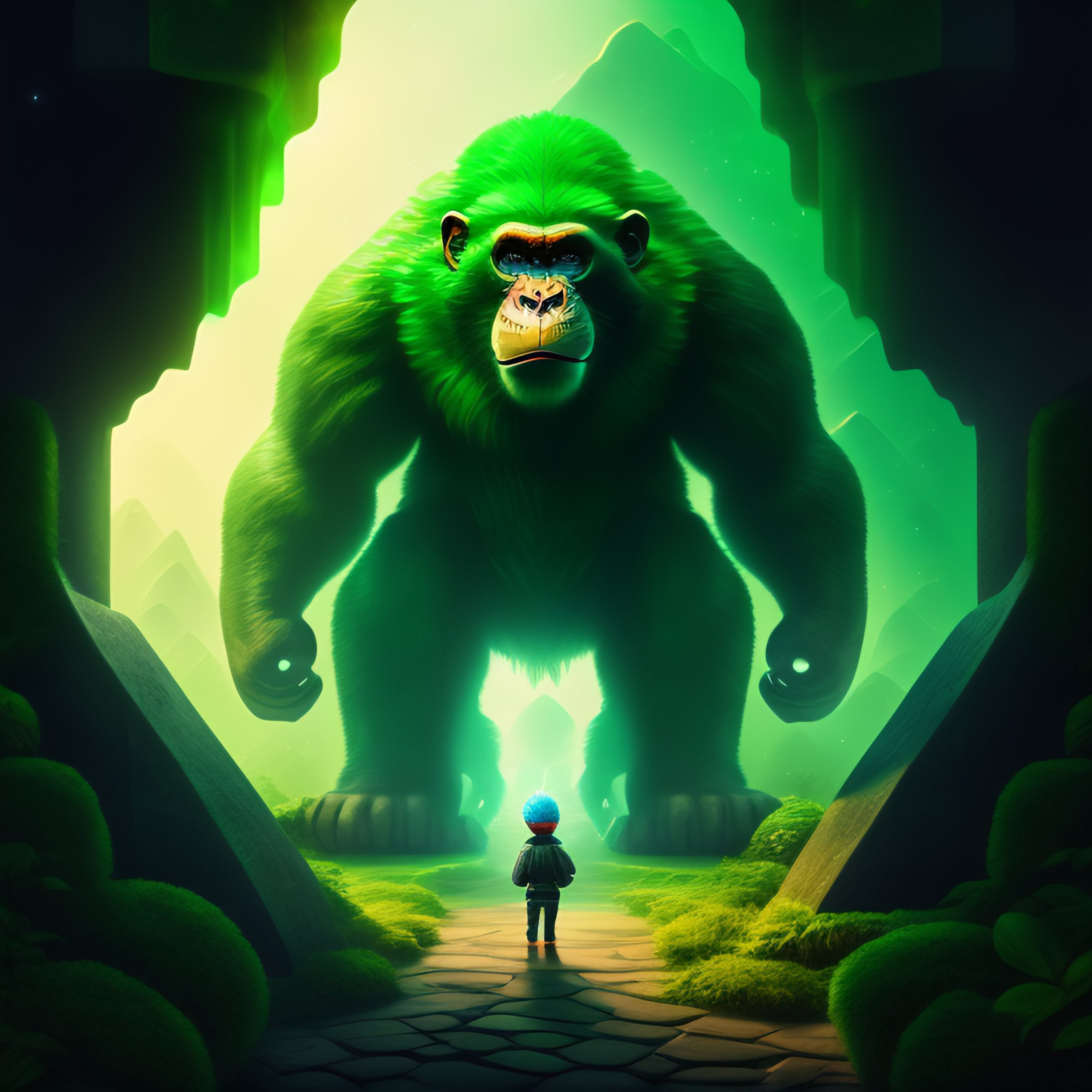 Lexica - Lost in a emerald maze, young monkey facing huge a jade golem ...