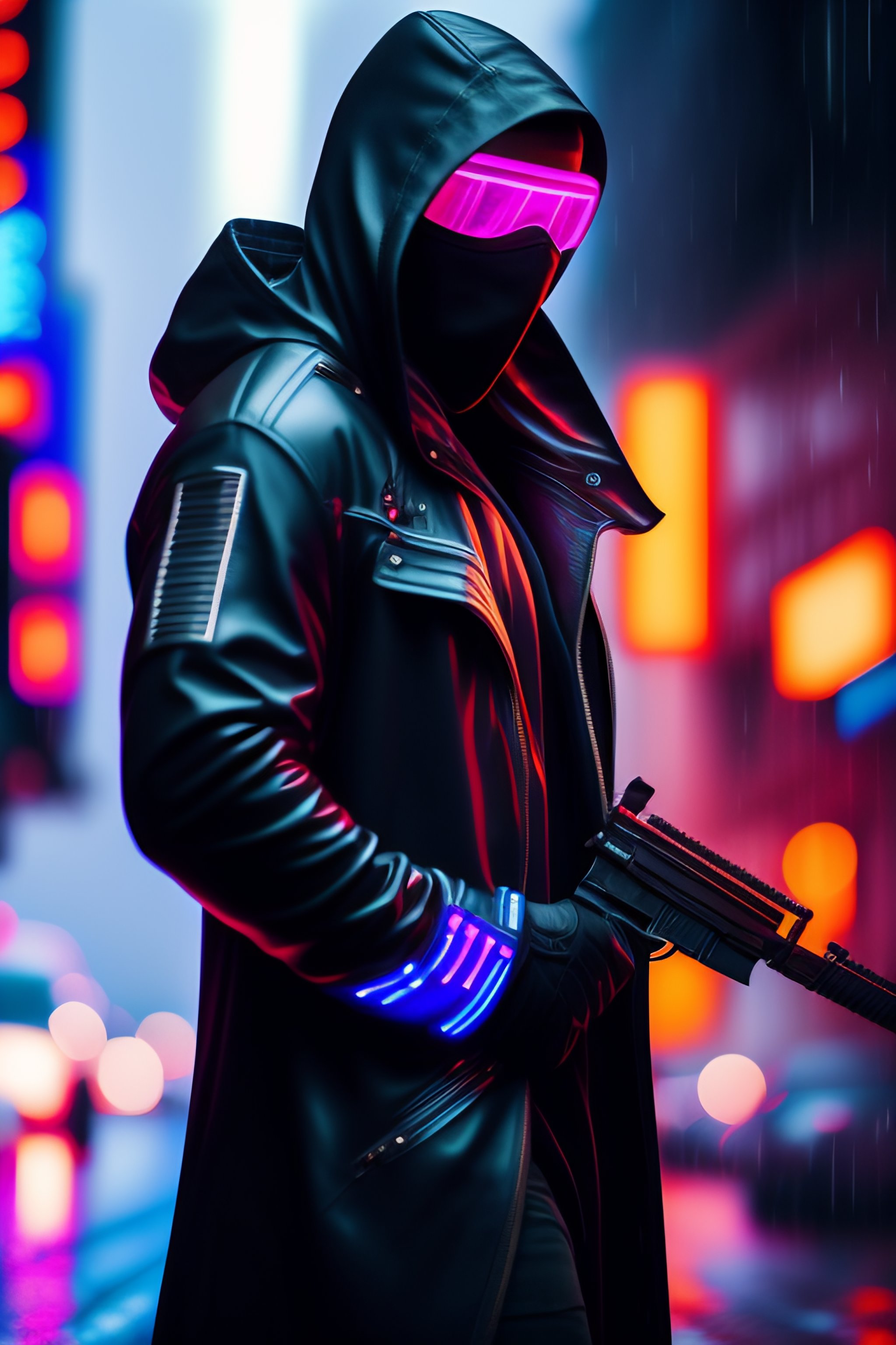 Lexica - Futuristic cyberpunk masked assassin, holding a gun, full body ...