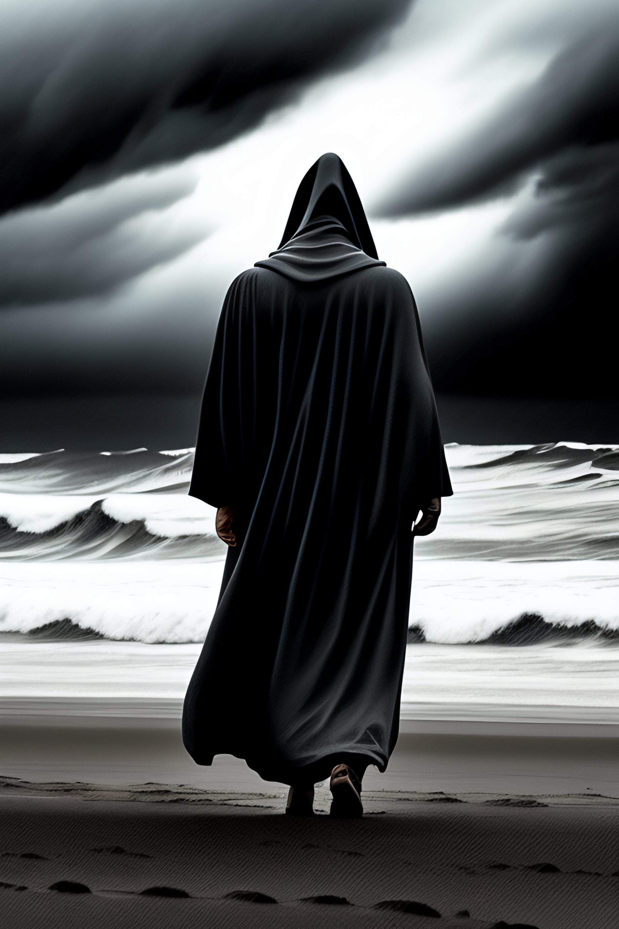 Lexica - Small figure of a grim reaper walking along a stormy beach ...