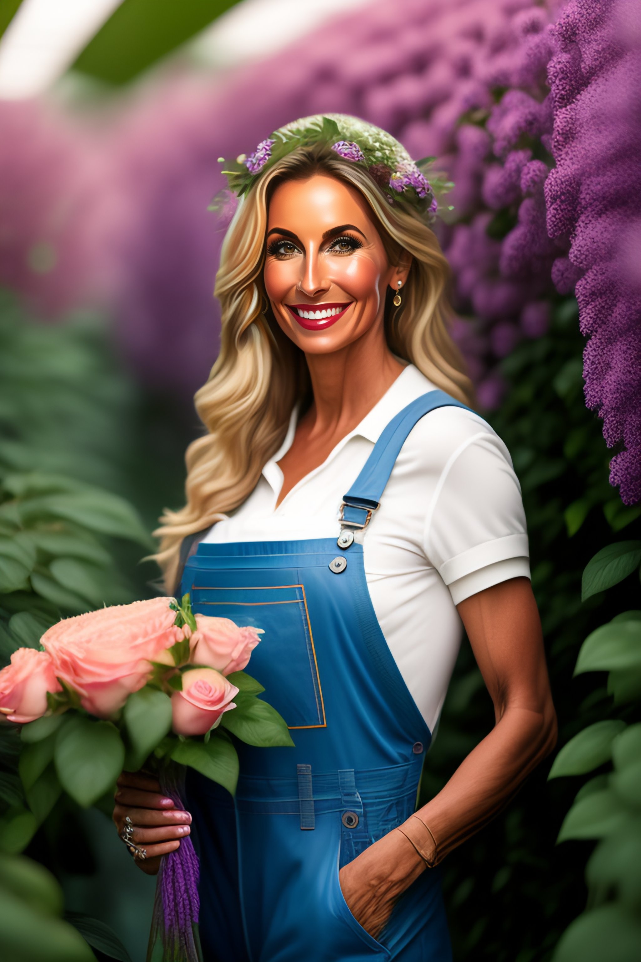 Lexica - Portrait of Heather Thomas gardener wearing overalls inside a ...