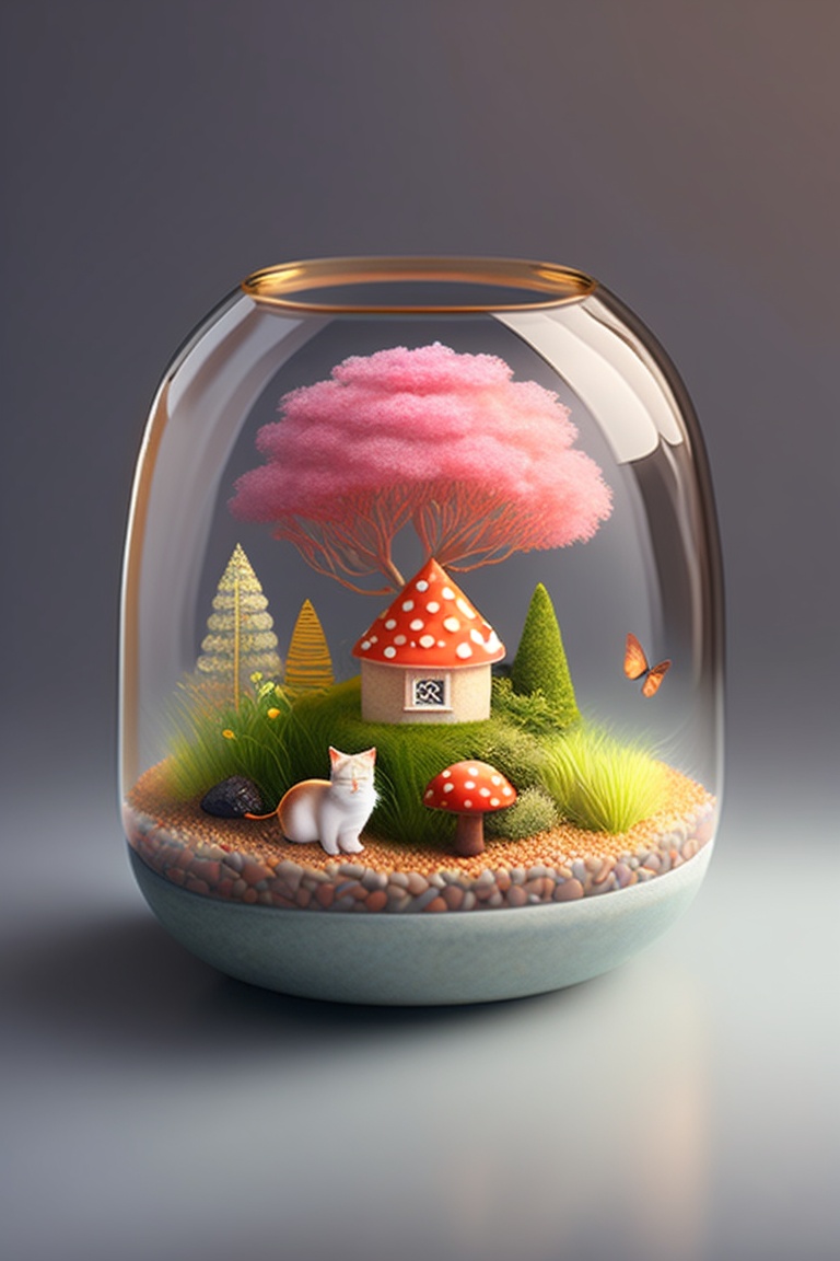 Lexica - Cute terrarium with a little mushroom, a small cat and a house