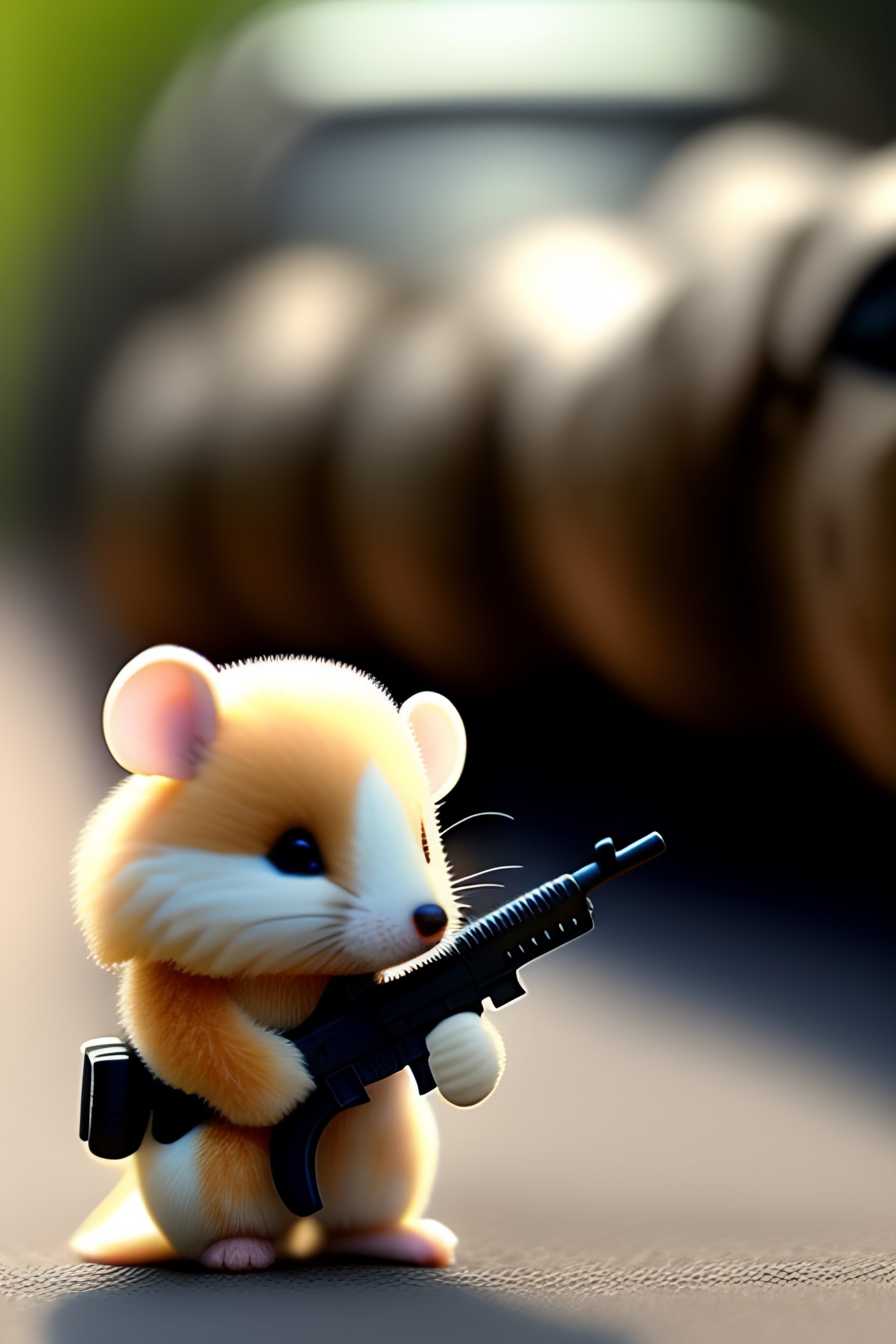 Lexica - A cute fluffy tiny mouse holding an AR-15 assault rifle.