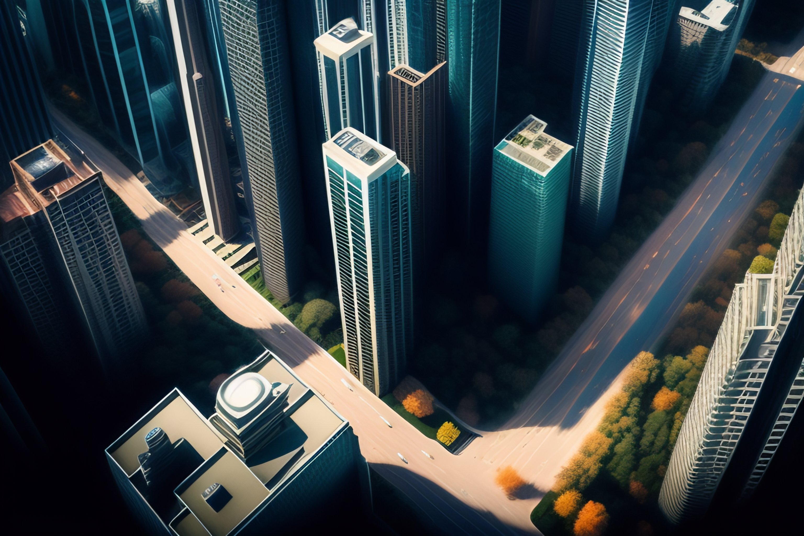 Lexica - Overhead view of a city with tall concrete buildings ...