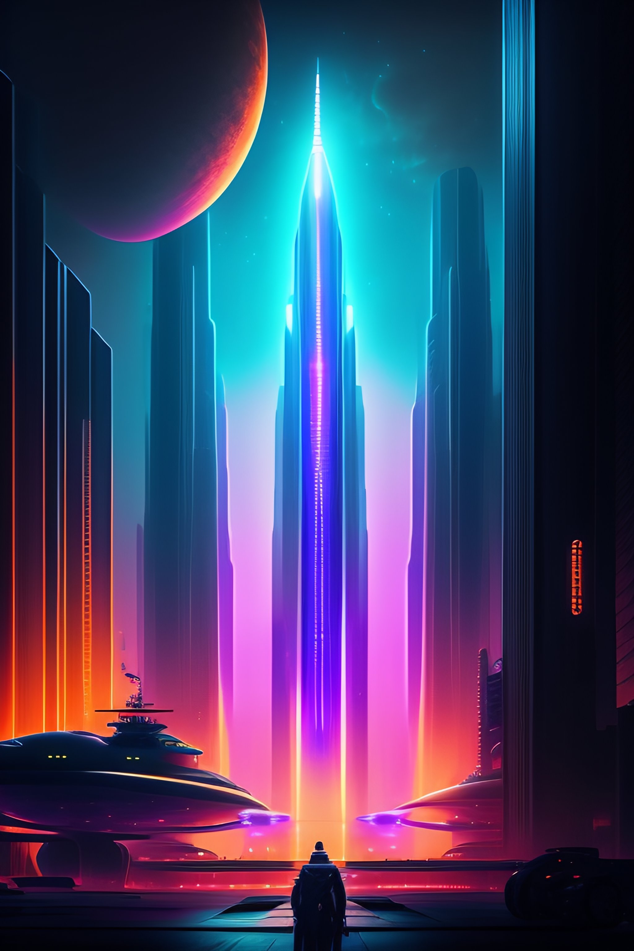 Lexica - Cyberpunk city with spacecraft flying in the night sky