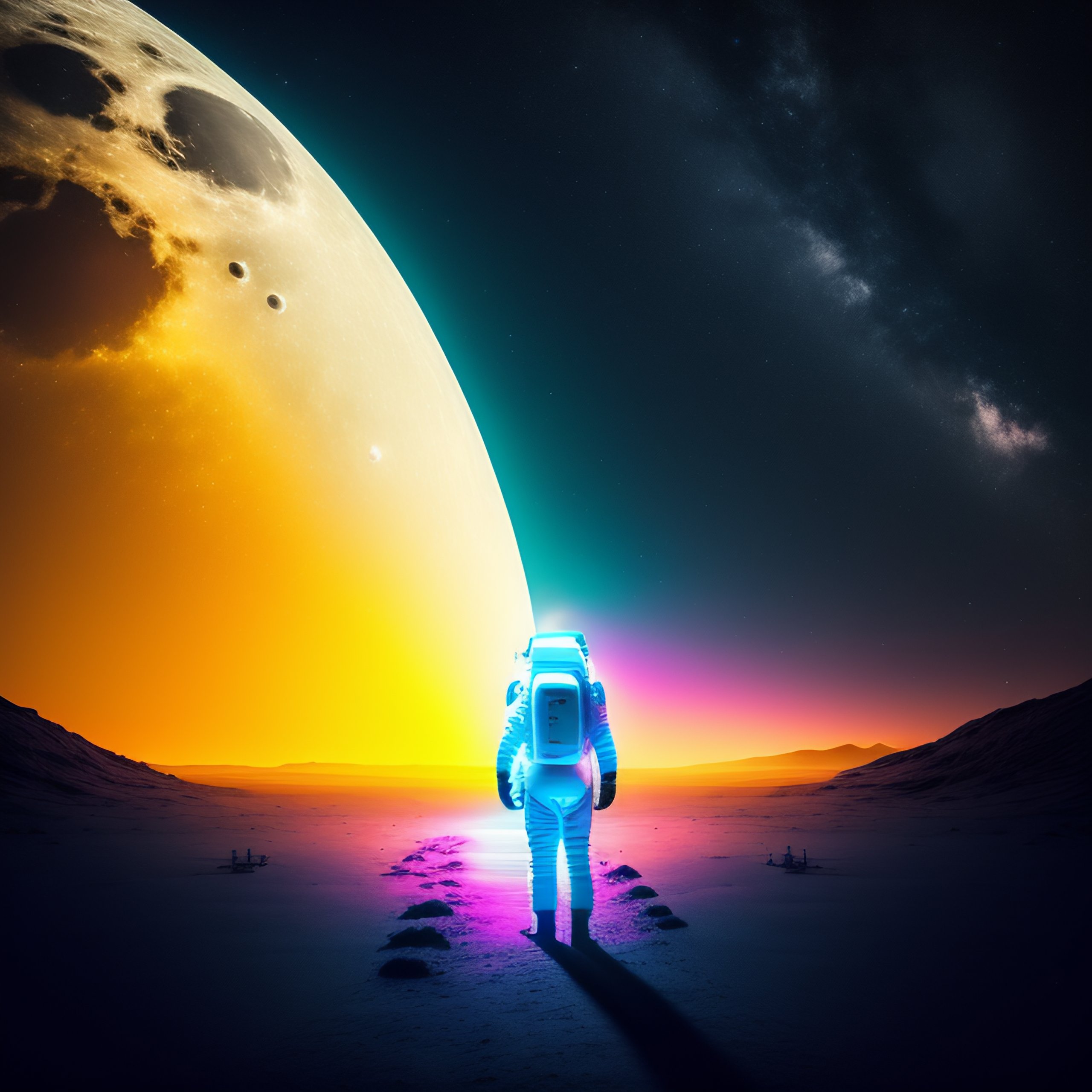 Lexica - Astronaut white suit neon light on the moon from back 8k stars ...