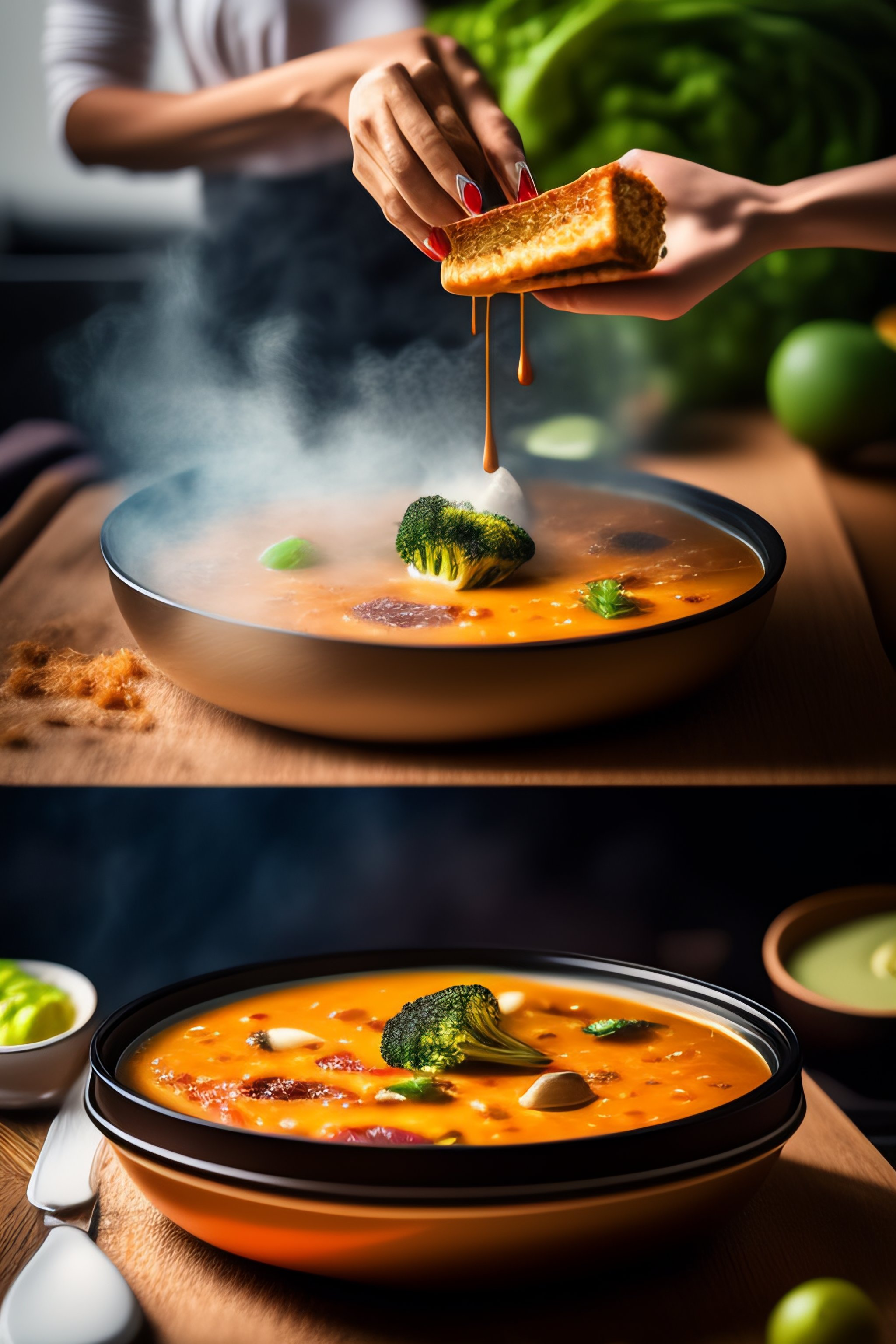 Lexica - Slim tall beautiful human cooking food over mountain forest