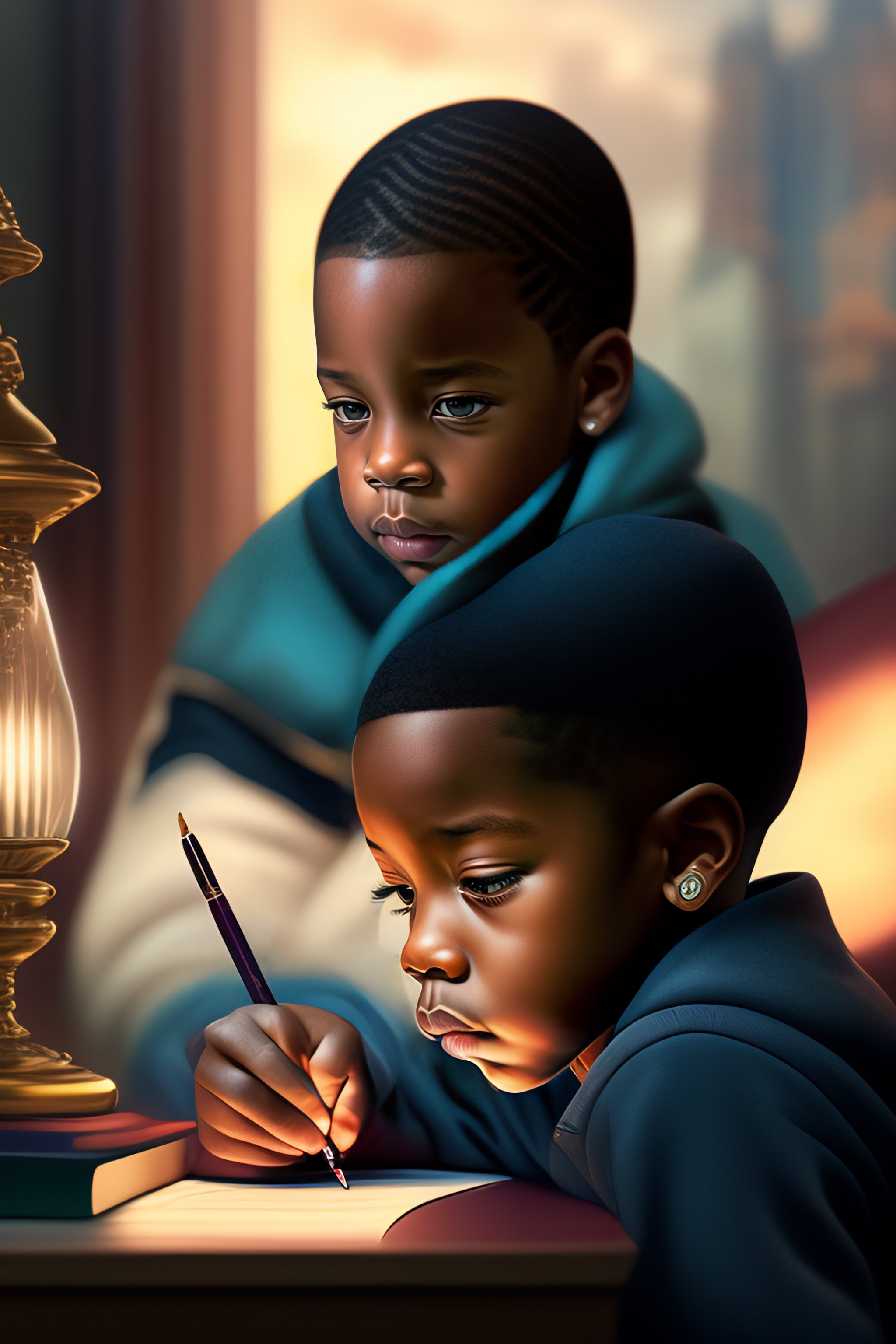 Lexica - A young kid writing on a notepad, a thought bubble above him ...