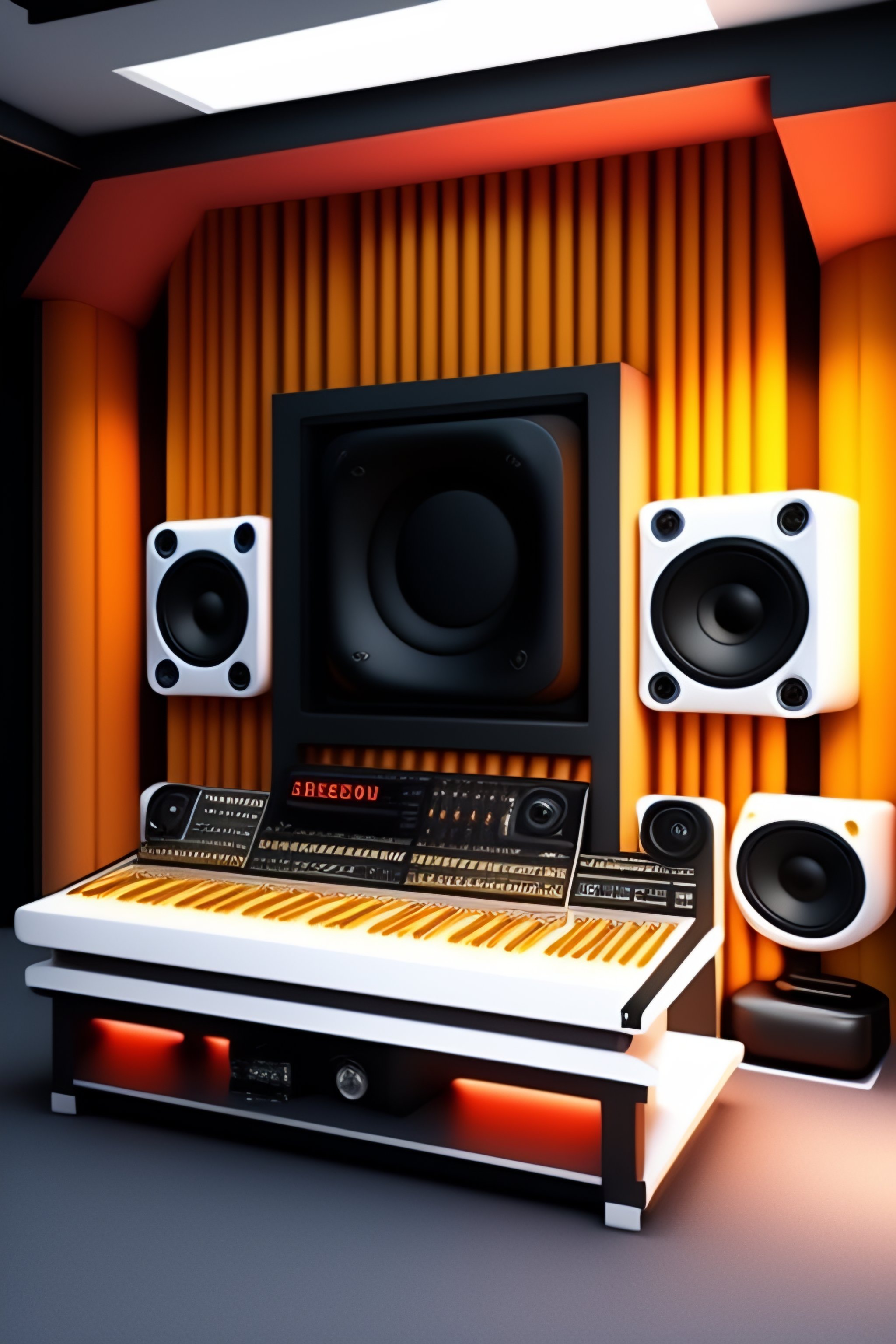 Lexica - Hip-hop music producer studio in 2030 with KMG on the wall