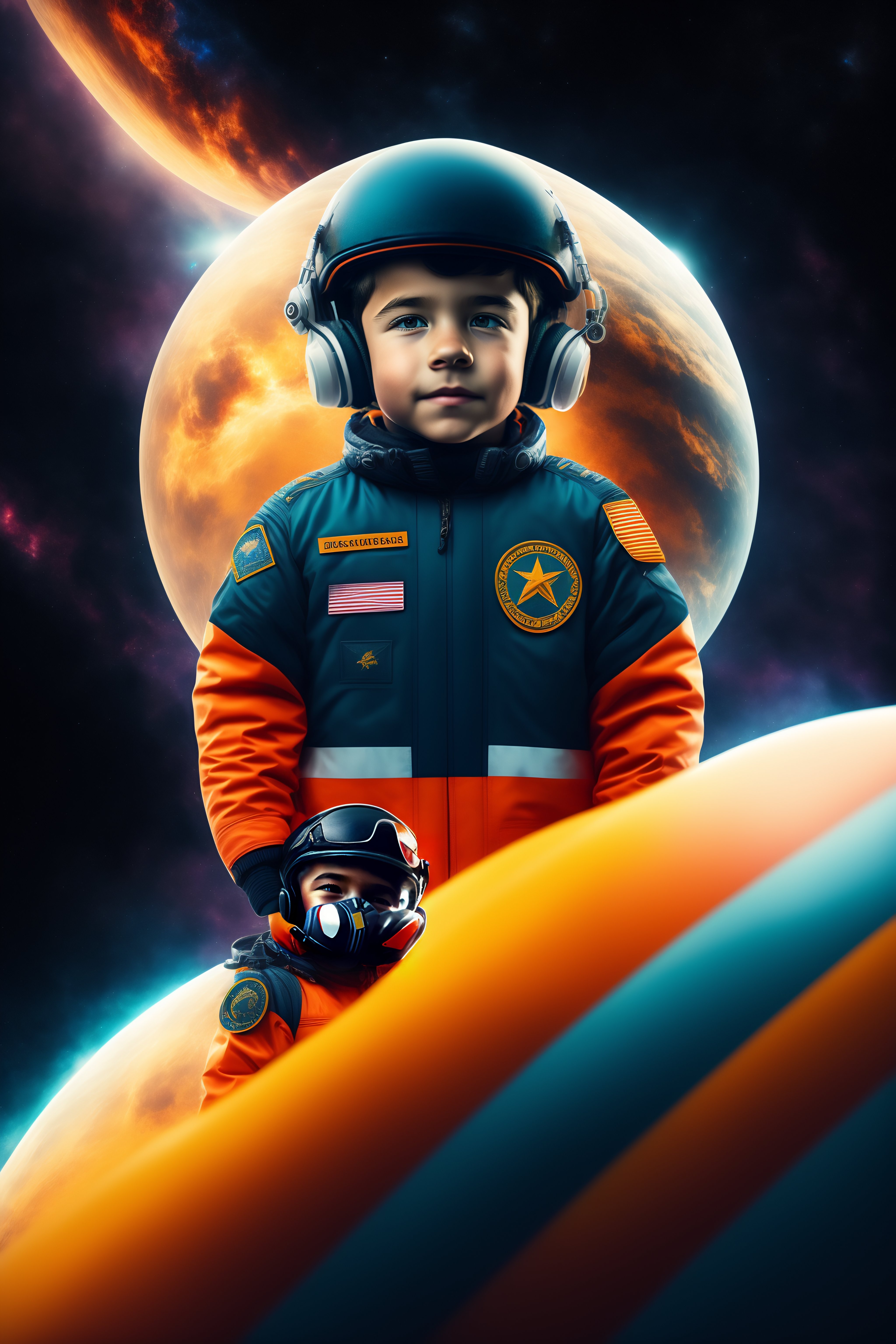 Lexica - A small boy in a pilot uniform floating in the space