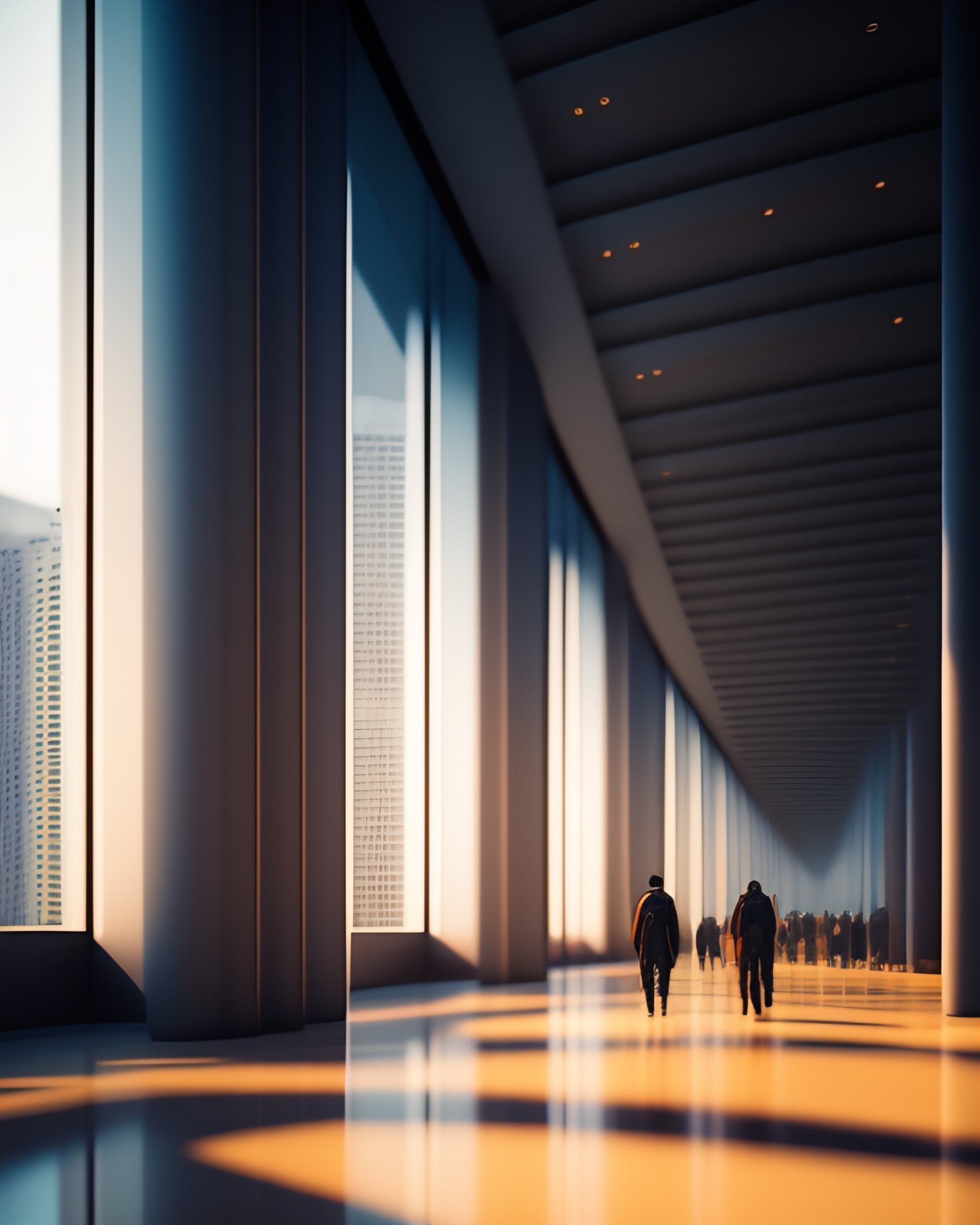Lexica - The inside of a very tall building, big pods, big windows ...