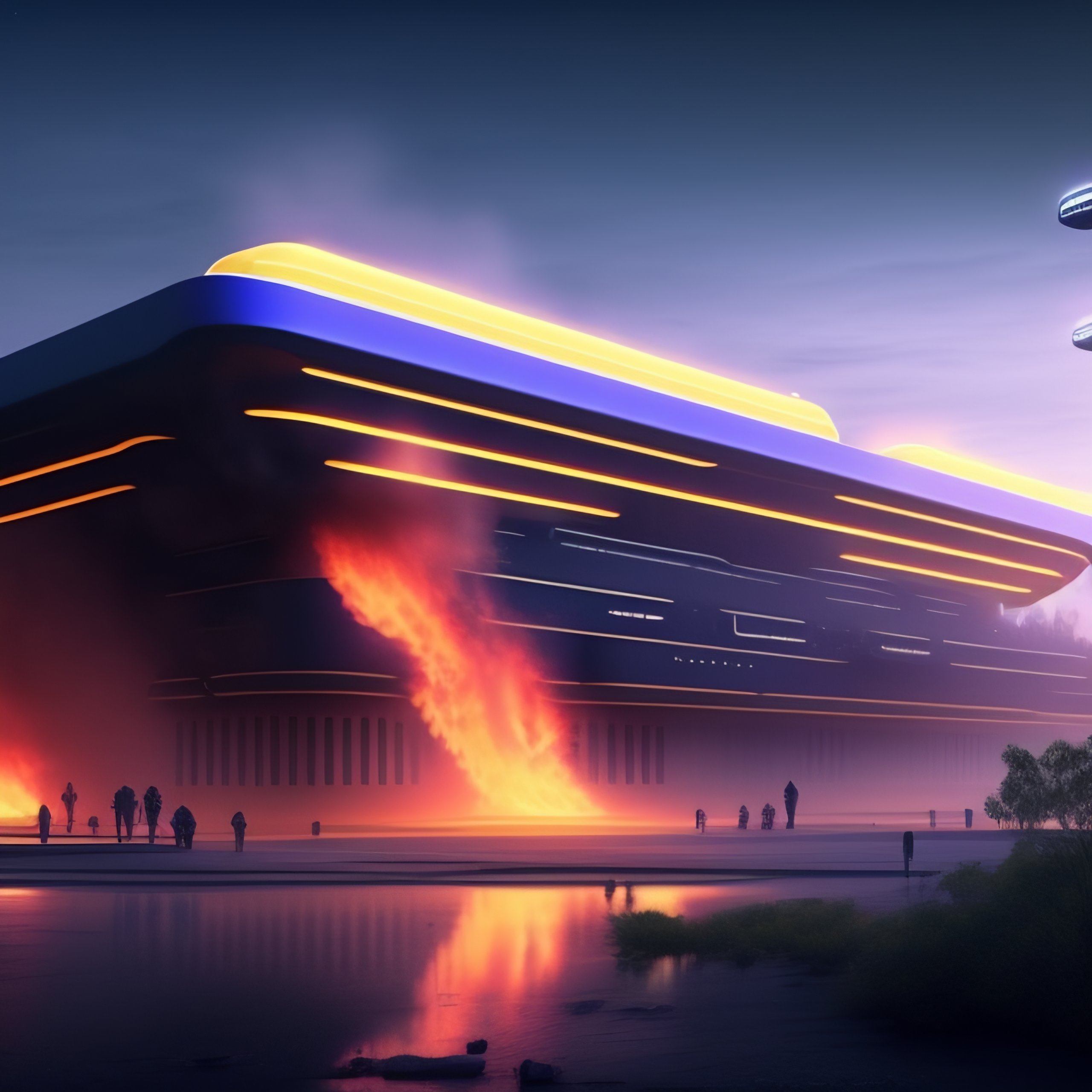 Lexica - A sci-fi futuristic high-tech school on fire burning down