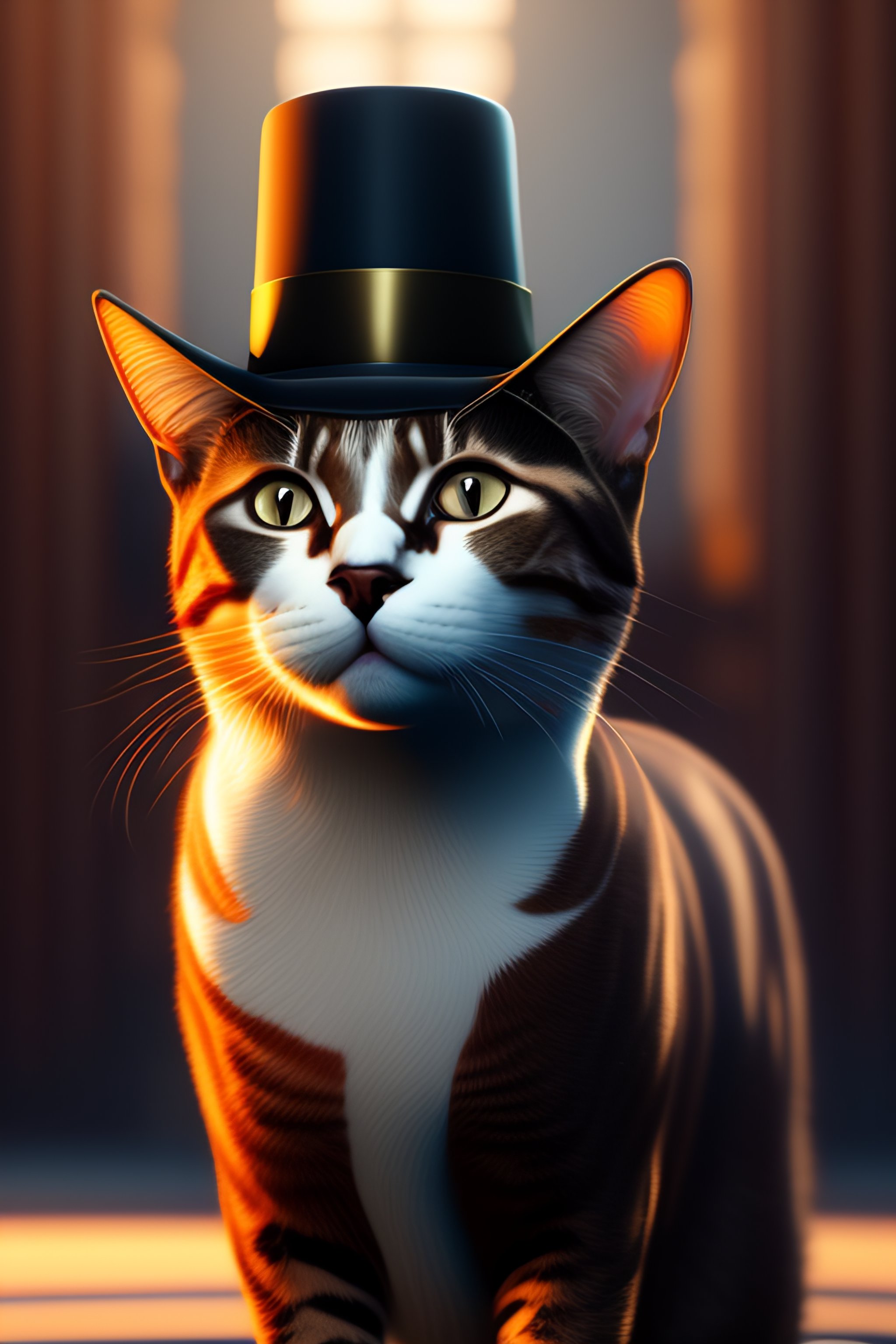 Lexica - Cat with a gentlemen hat on a her belly , 4k , illumination ...