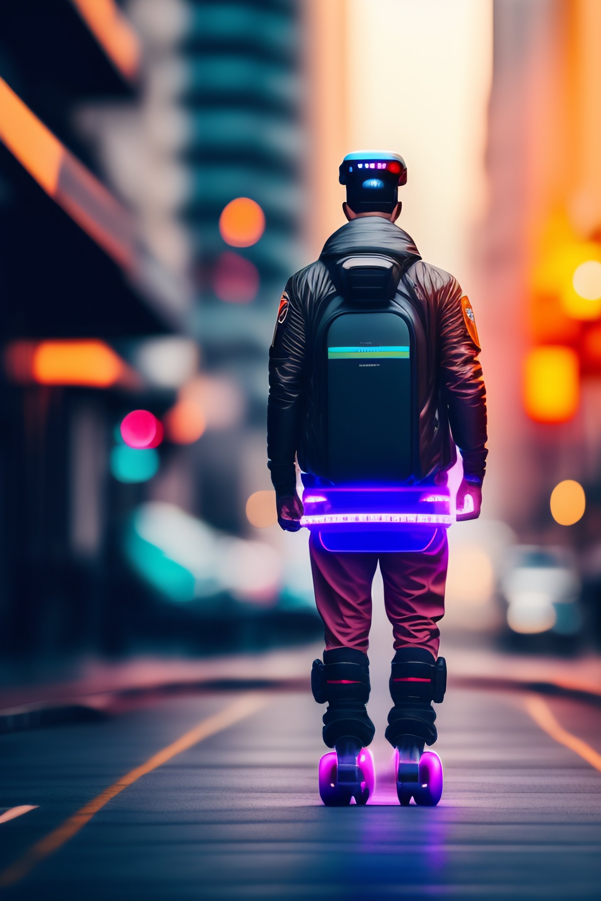 Lexica - A human on a hover board in a futuristic city from far zooming ...