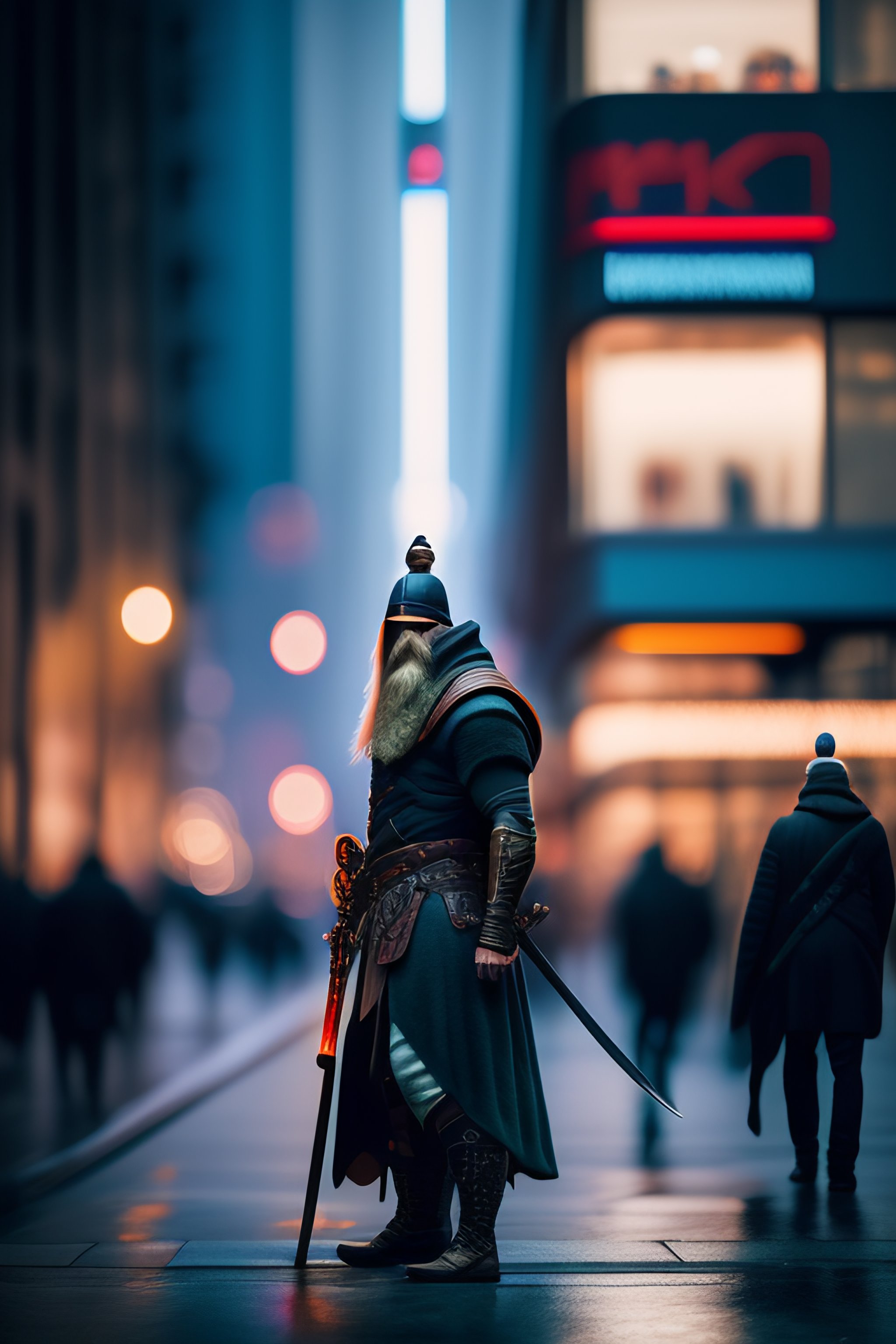 Lexica - Slow shutter speed photo of a cyberpunk ninja viking ...