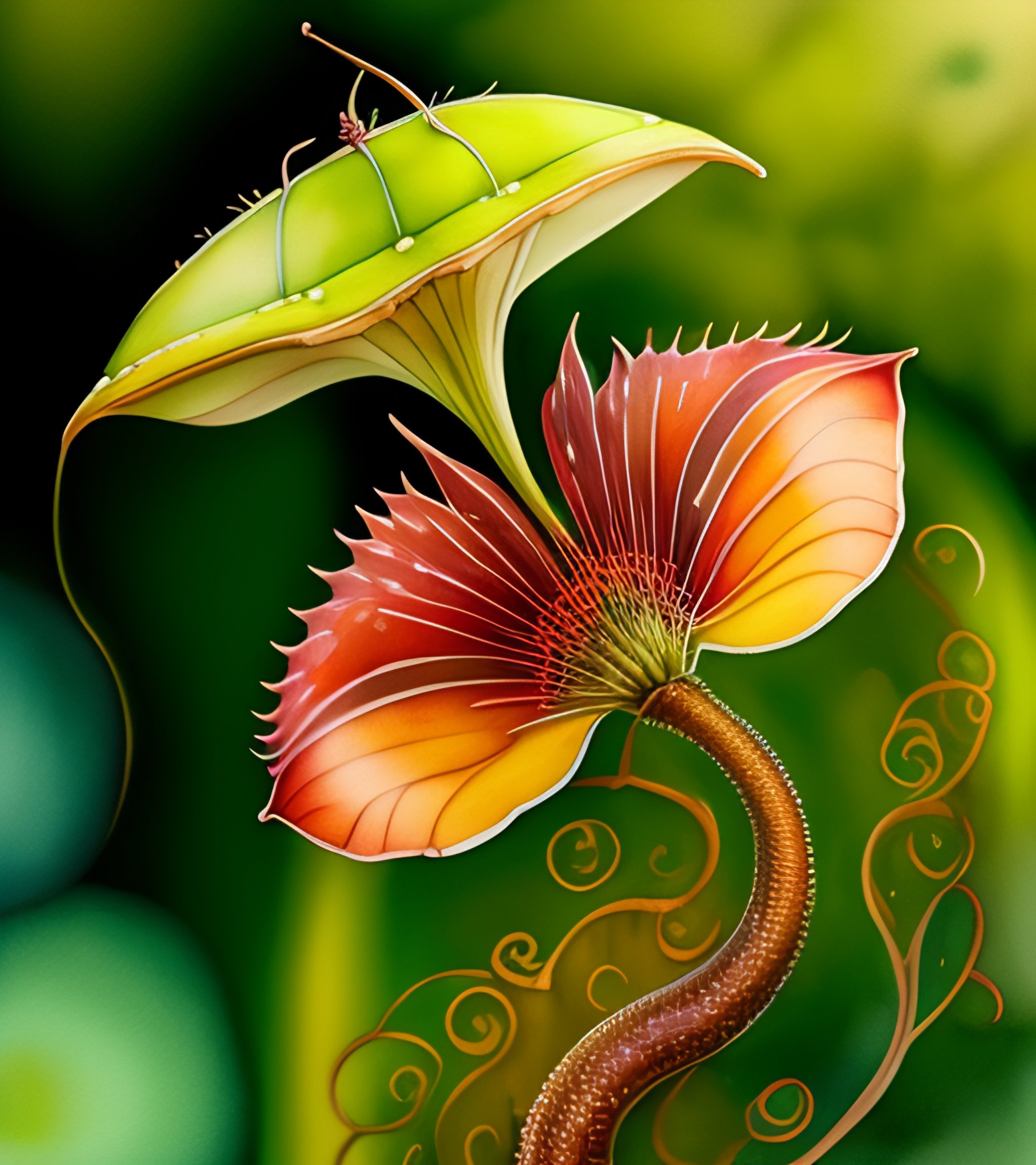 Lexica - A watercolor large brown and tan Venus flytrap with vines as ...