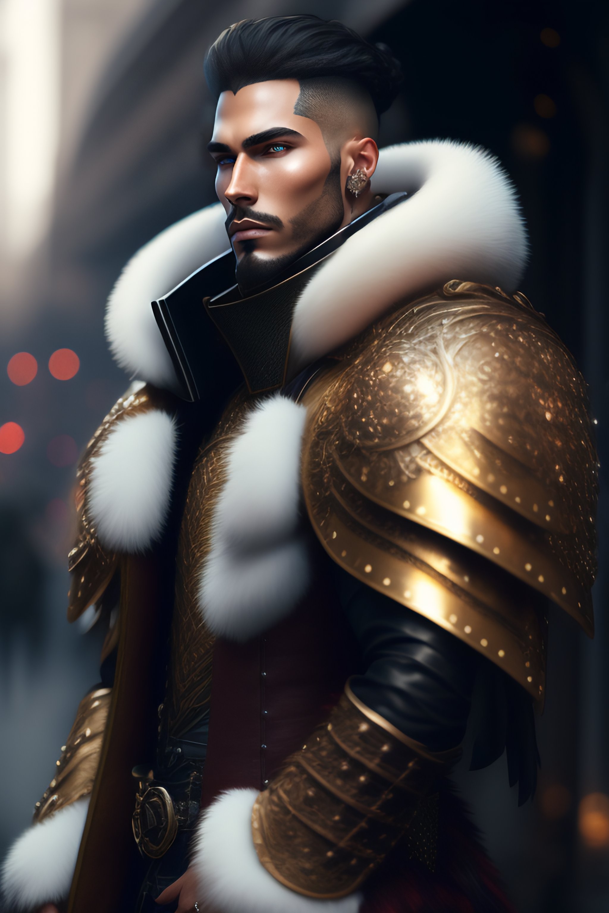 Lexica - Male, cyborg, fur coat, fantasy, medieval, leather armor, art ...