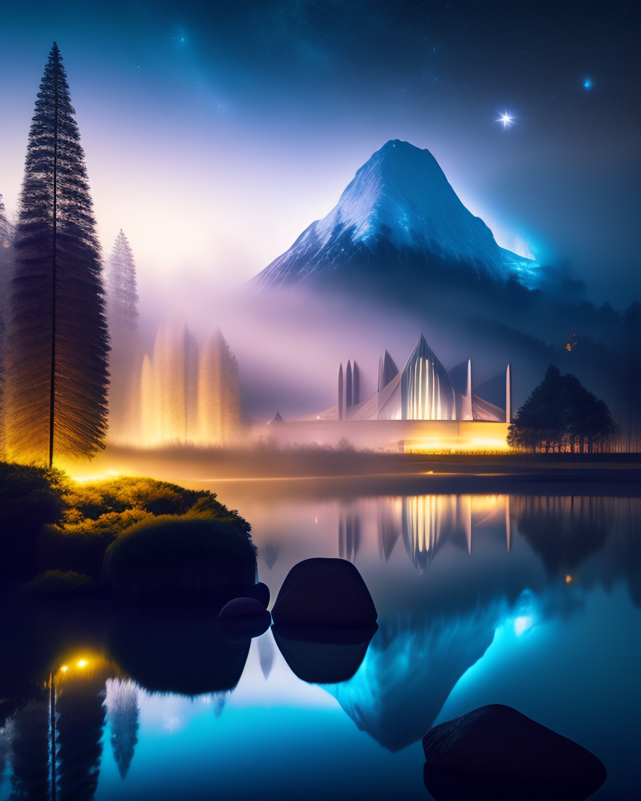 Lexica - A crystal cathedral, one night fogged, with ligth stars and ...