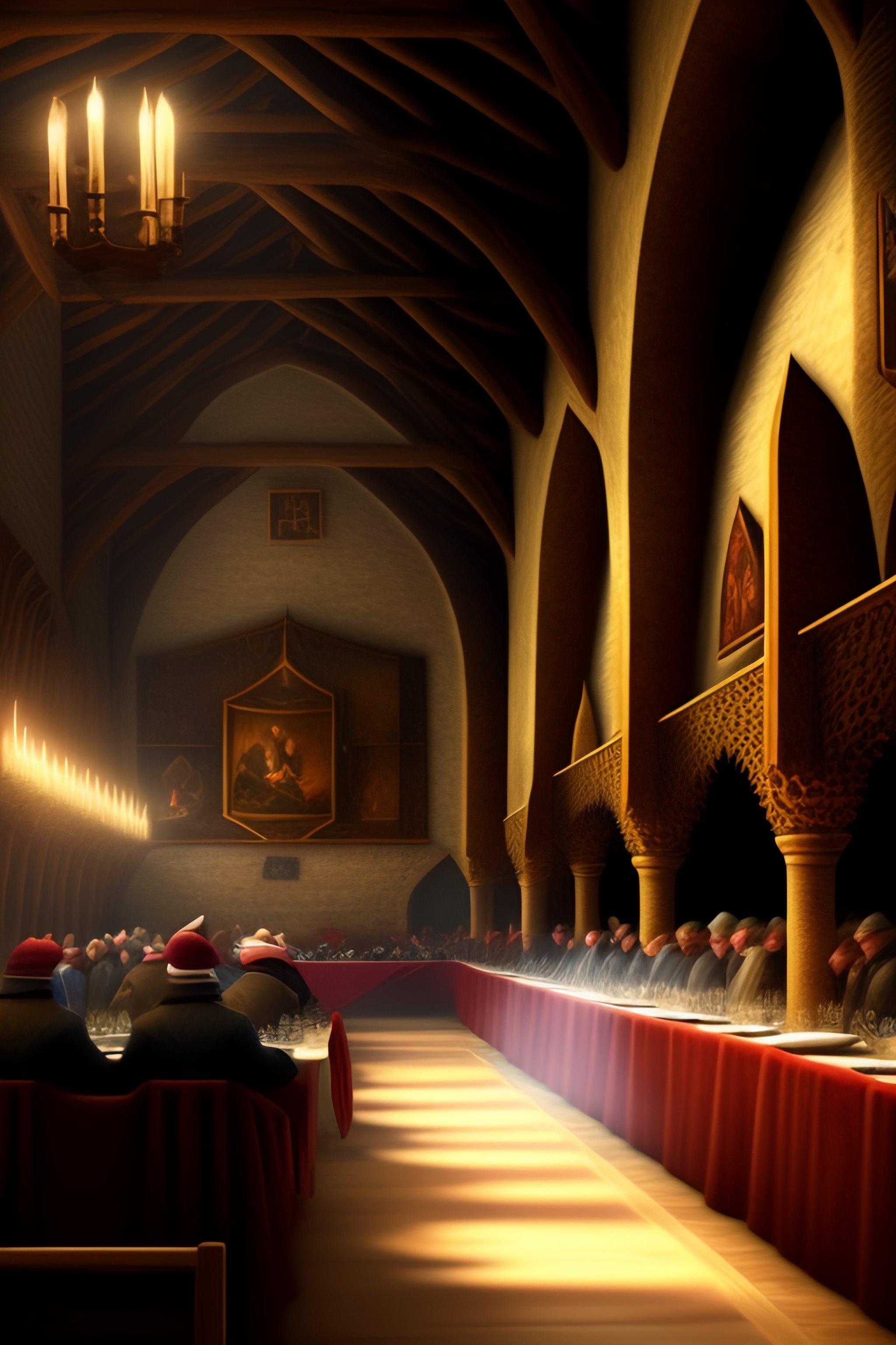 Lexica - Medieval hall, with a meal and people with cloaks hiding their ...