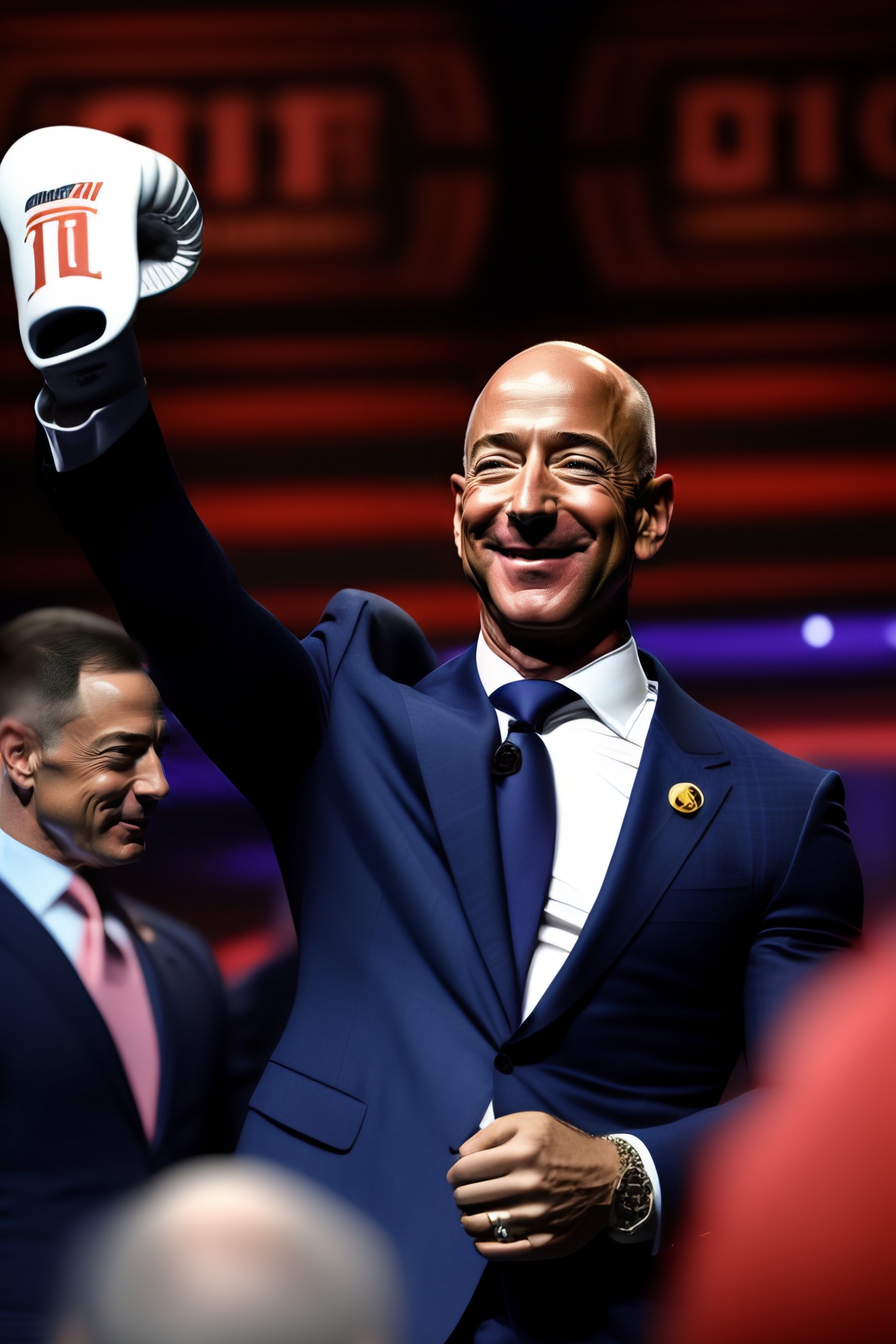 Lexica - Jeff bezos celebrating a win, wearing a suit, hands up with ...