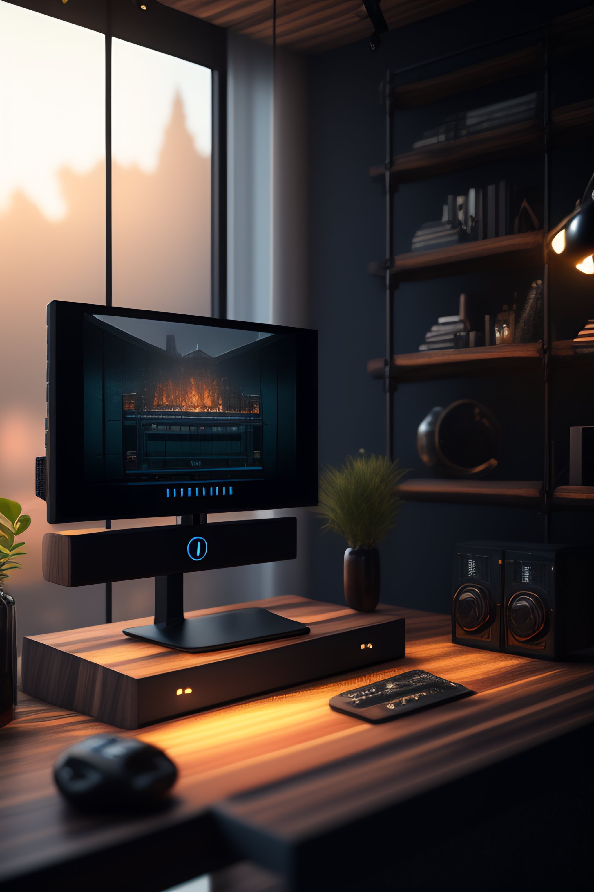 Lexica - A dark industrial wood desk, with very monitors,very ...