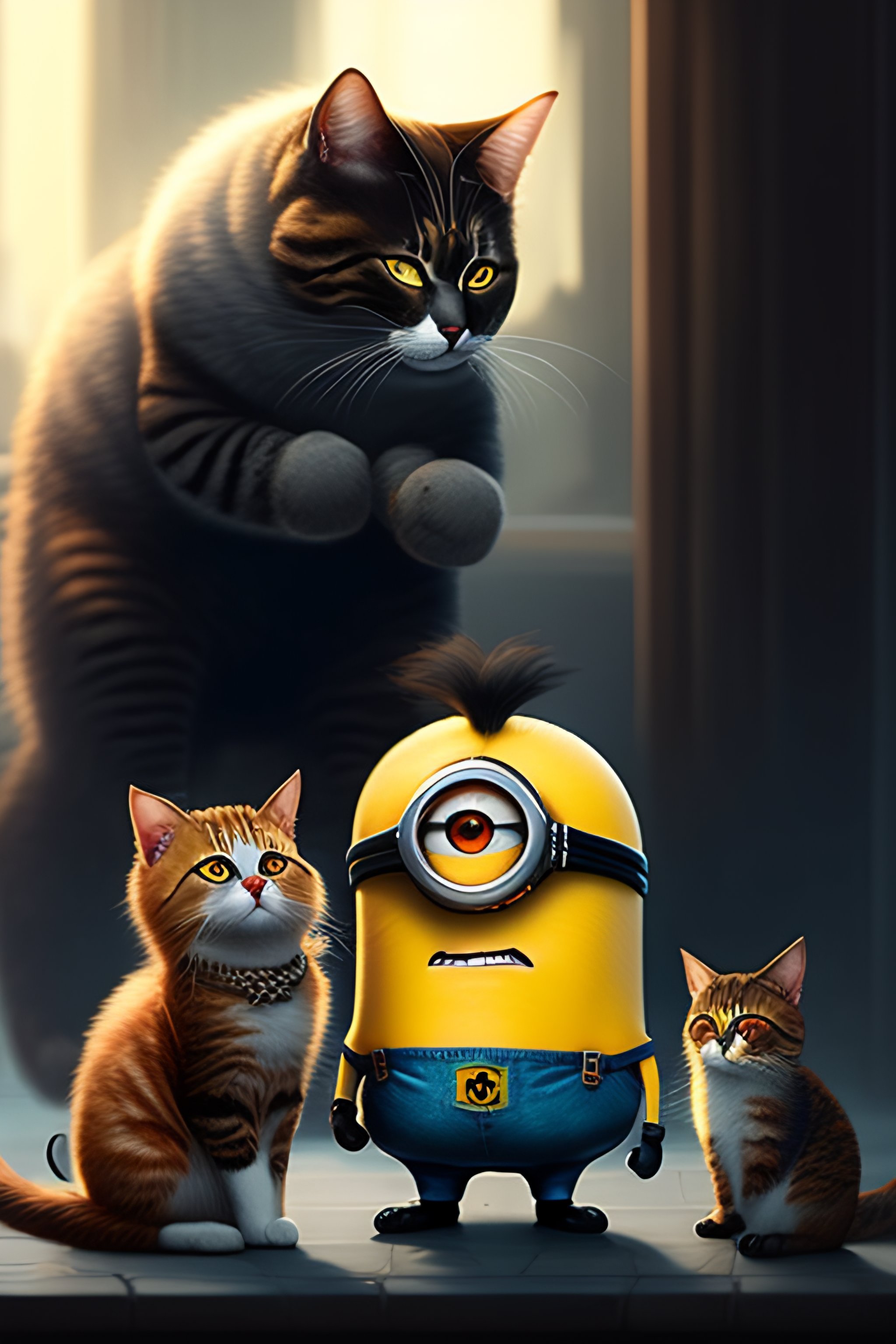 Lexica - Minions playing with Gru by greg rutkowski, with cats