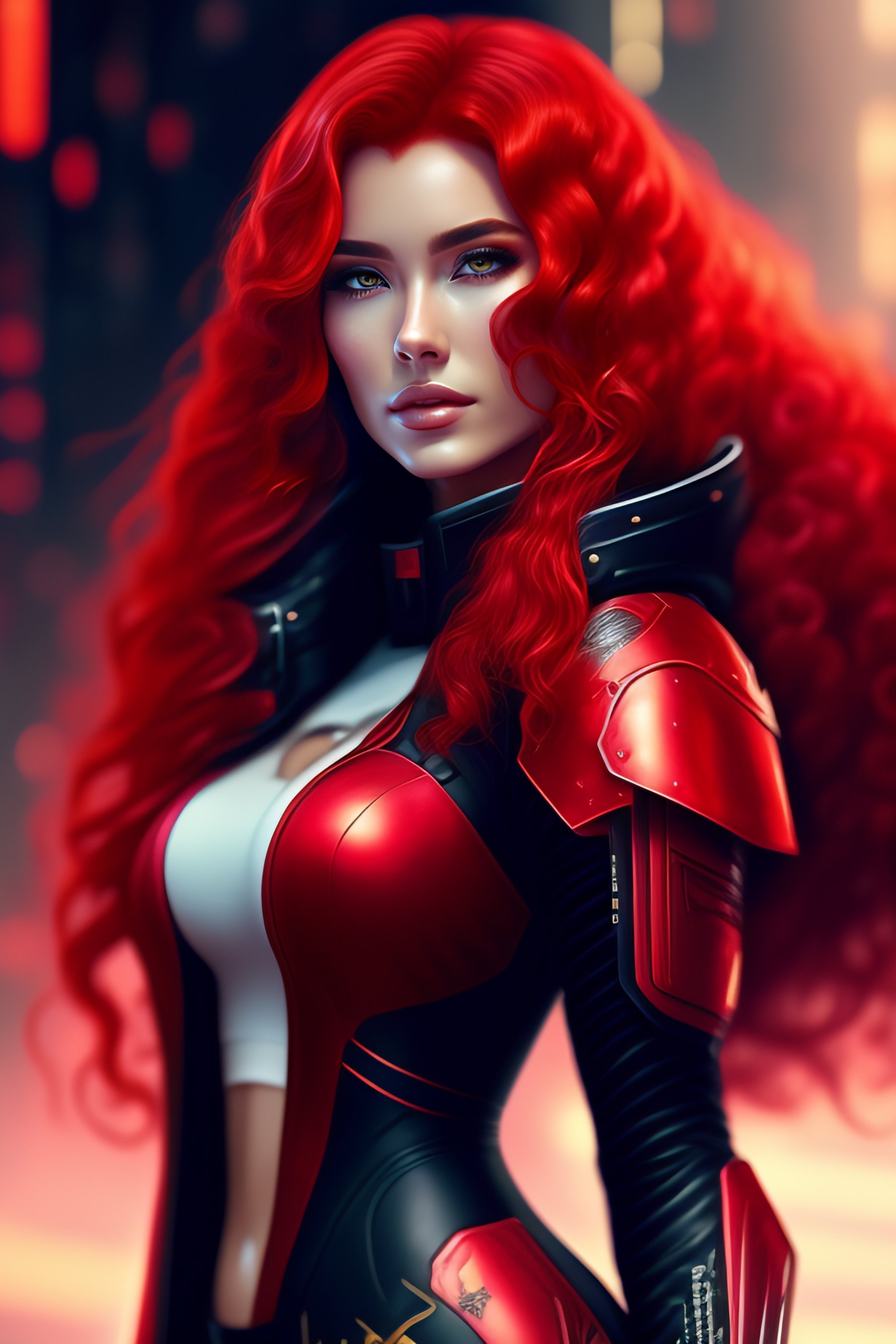 Lexica - Gorgeous woman, red wavy hair, future cyberpunk armour type ...