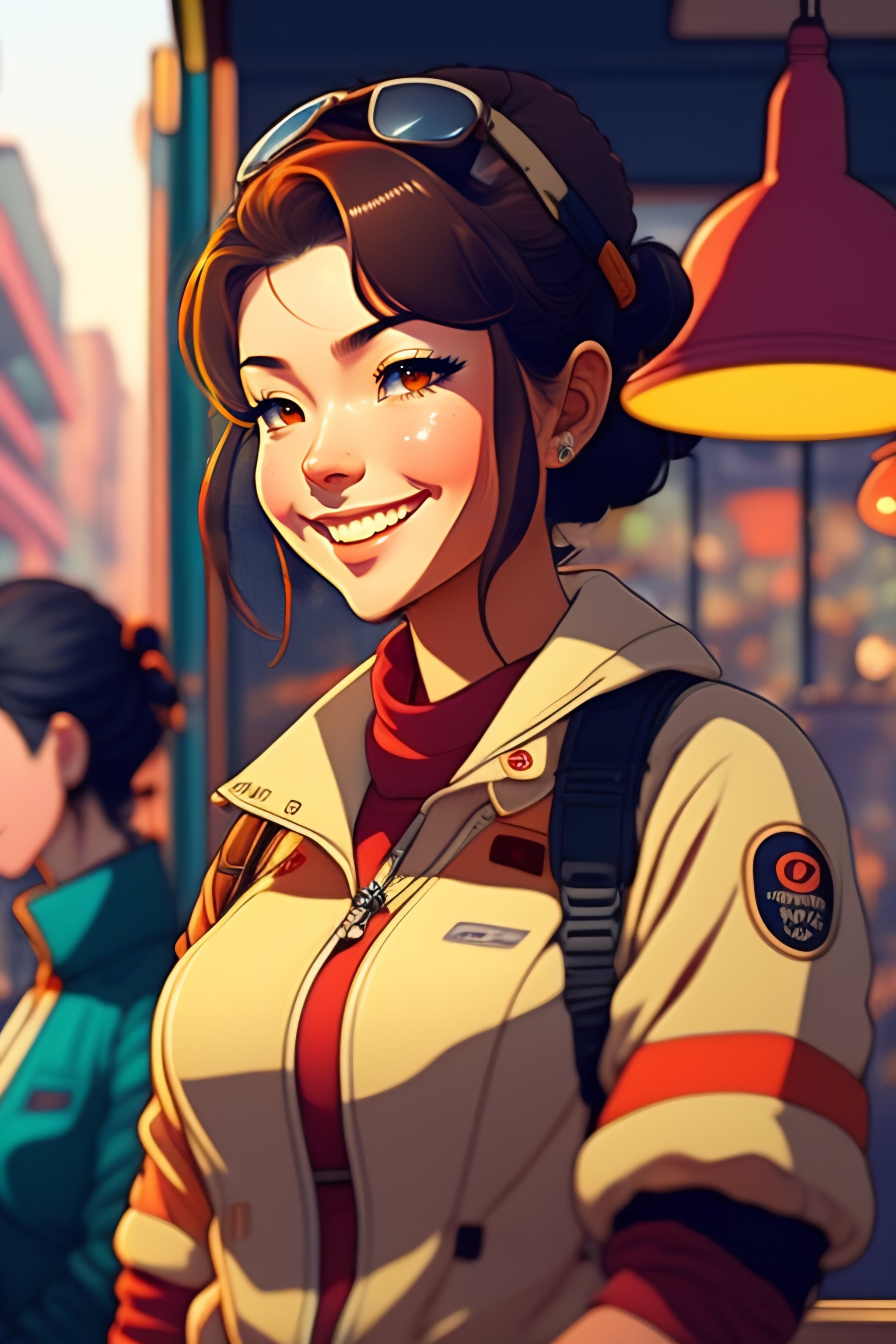 Lexica - Photo of a smiling female reporter at a cafe, brunette, style ...