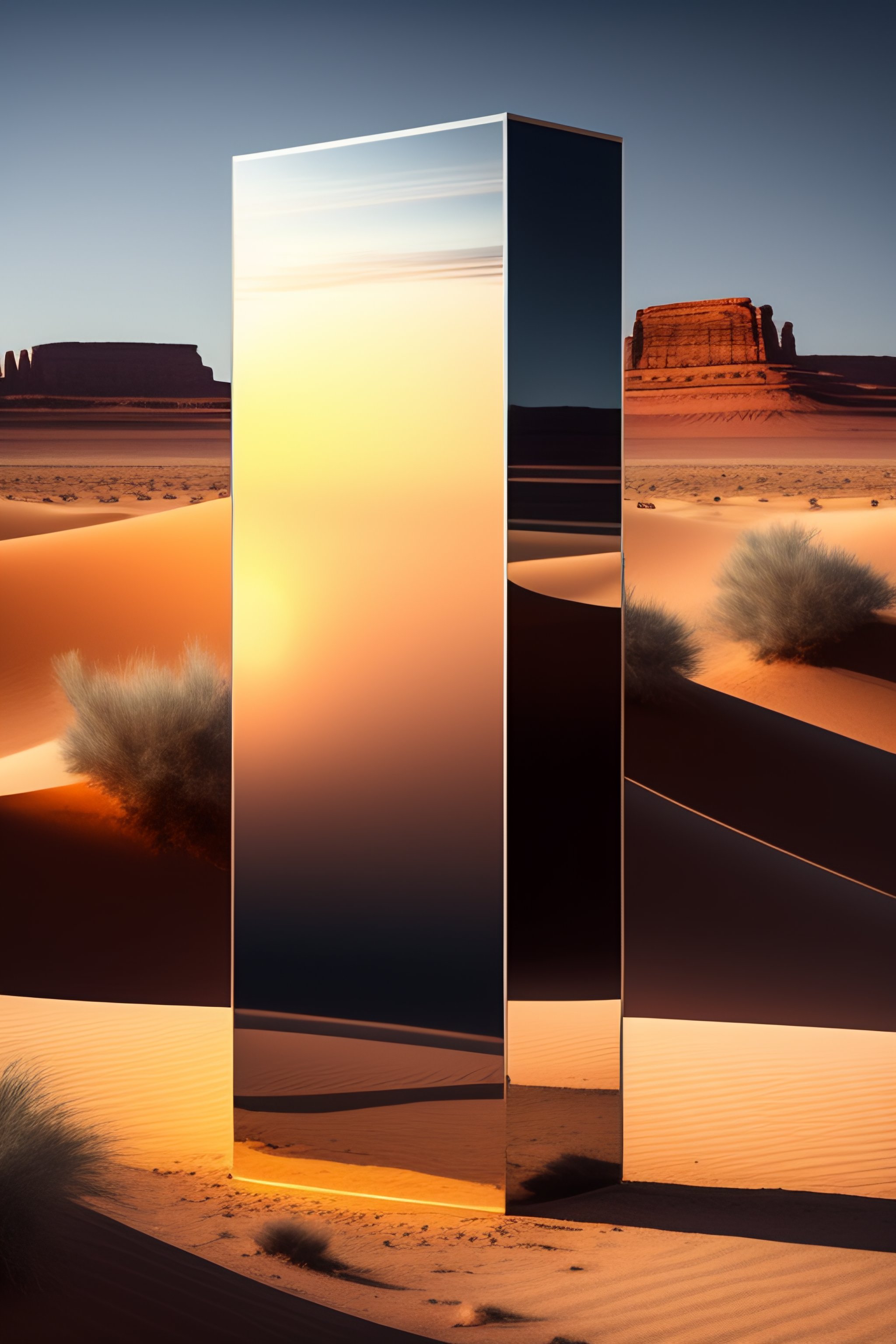 Lexica - Large metal monolith in desert, highly reflective