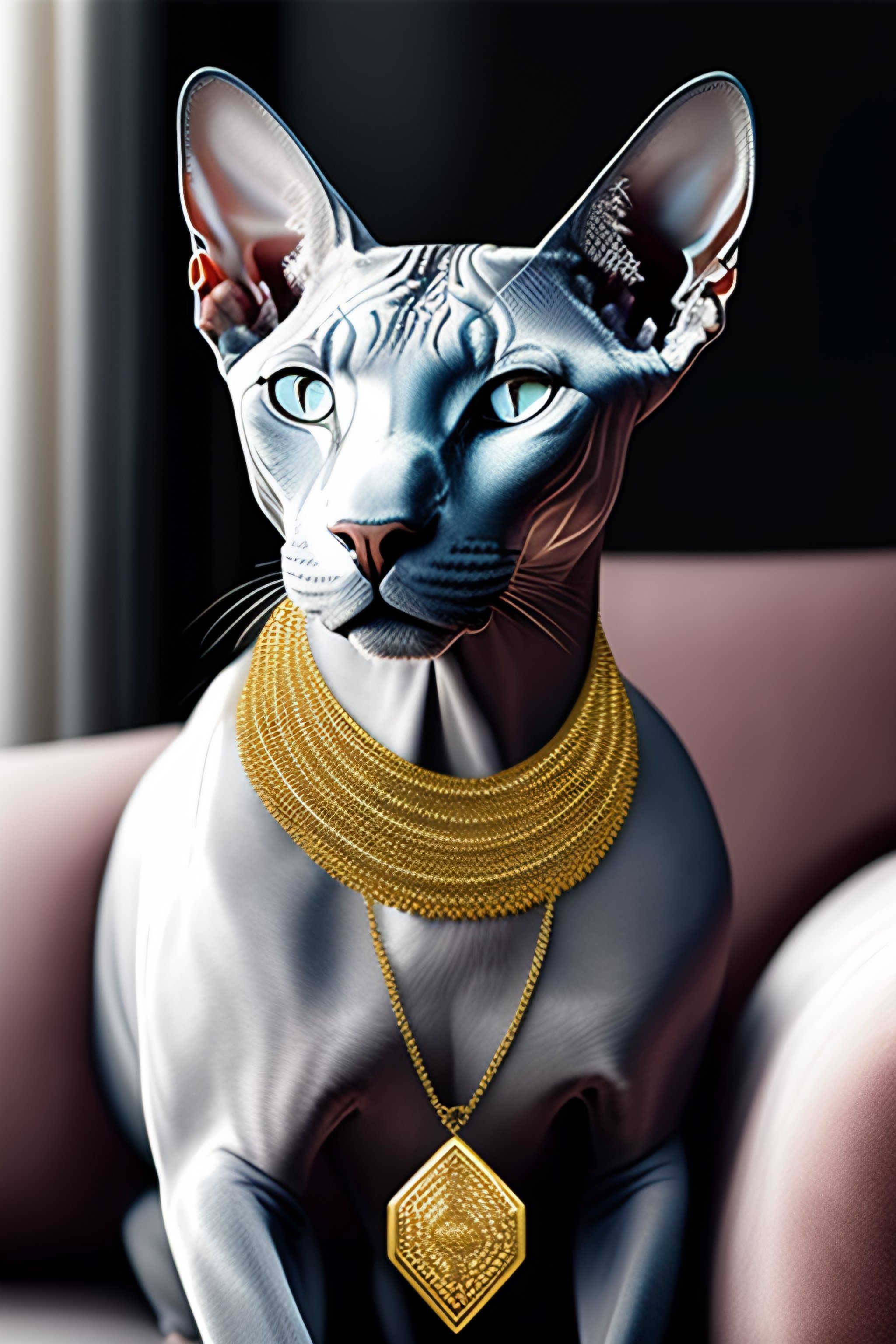 Lexica - All gray sphynx wearing blue layered chain necklace counting dollars in a luxury gold sofa
