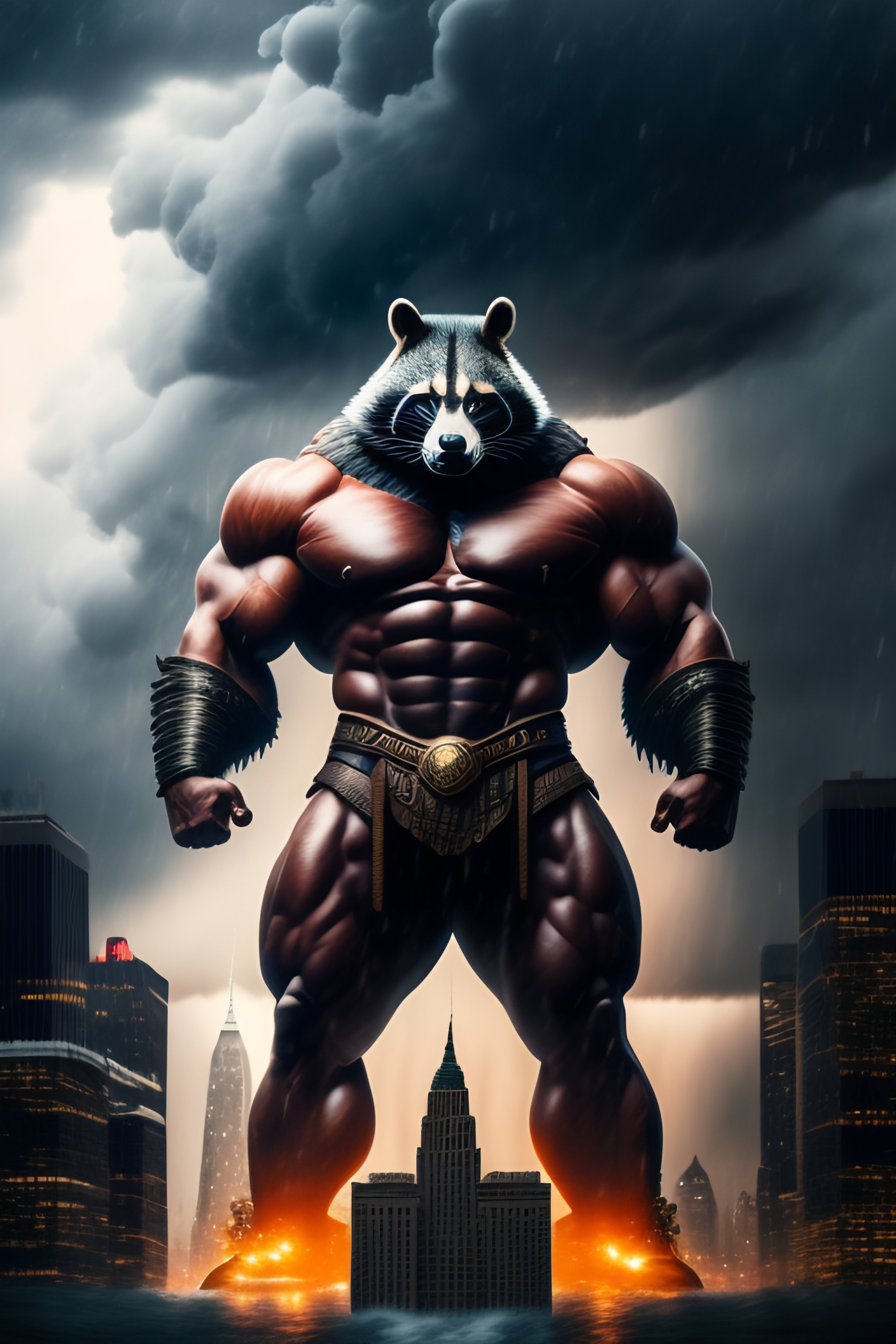 Lexica - A massive muscular humanoid racoon as tall as a building who ...