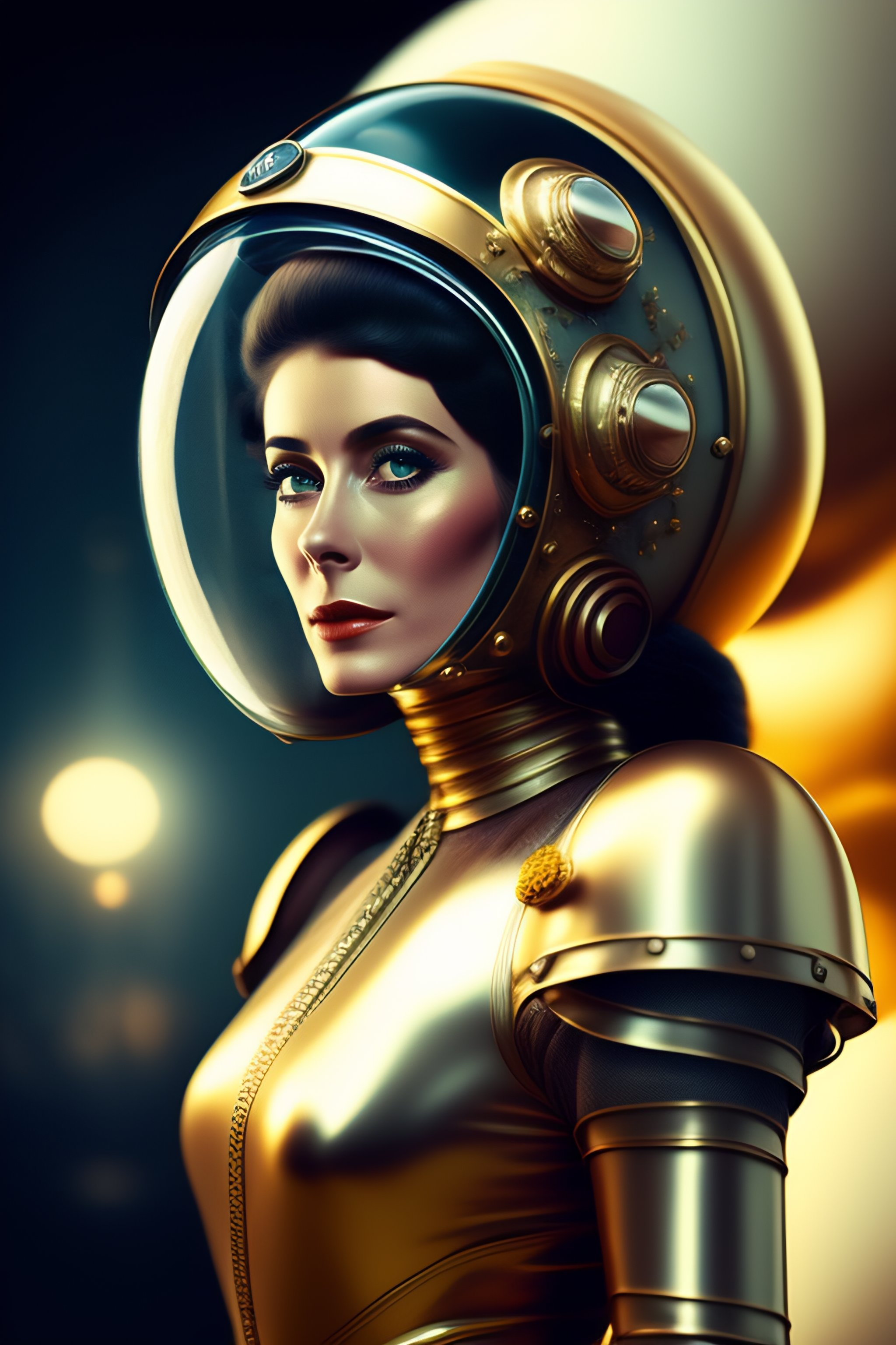 Lexica - An cyborg in a space helmet on the chassis of aand kind woman ...