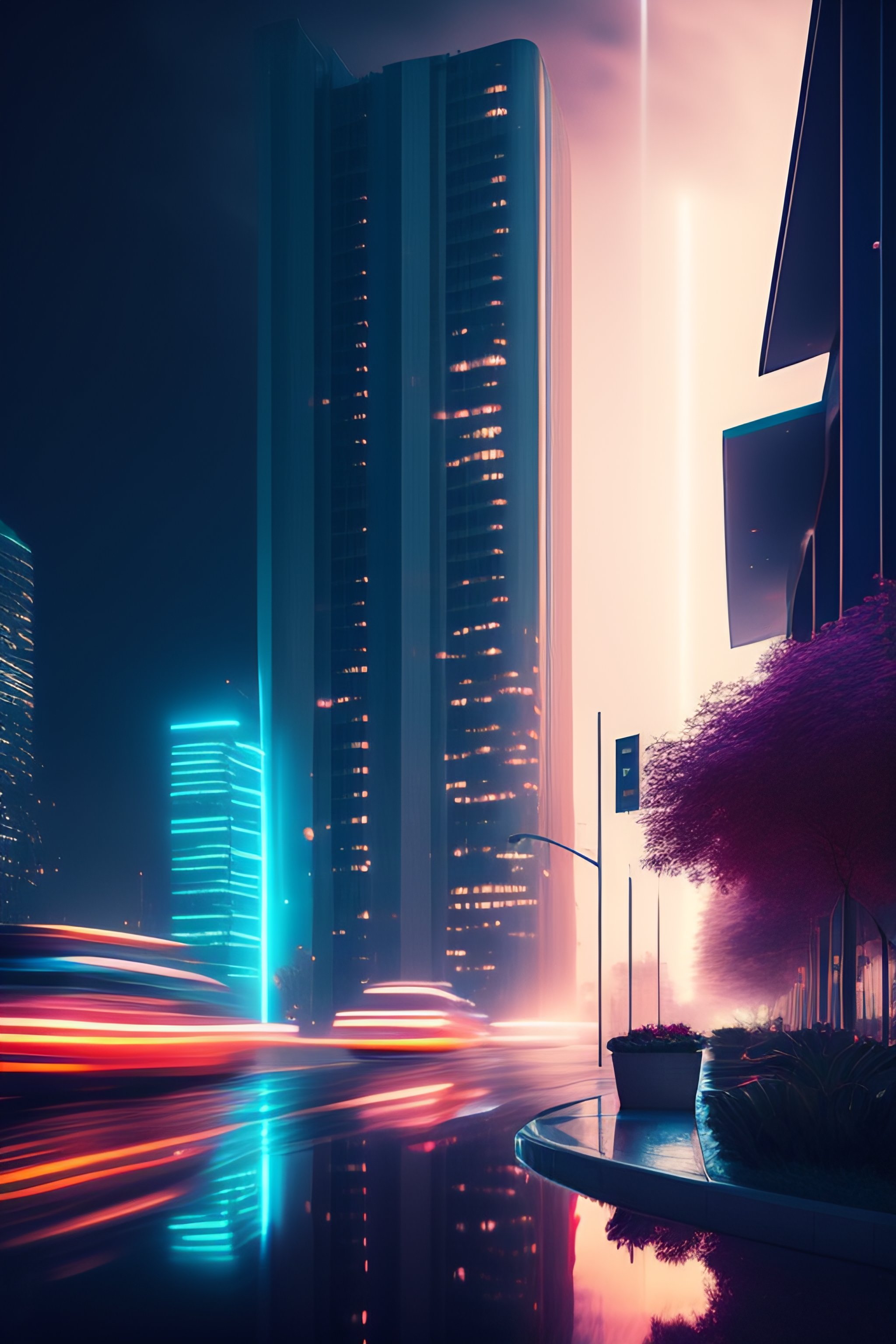 Lexica - Slow shutter speed photo of a cyberpunk city, tree, water ...