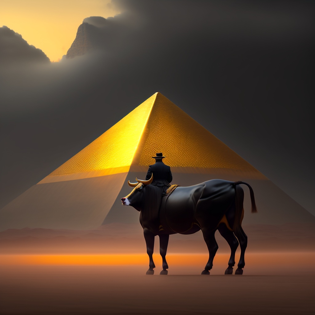 Lexica - Gold bull, black suit, background pyramid