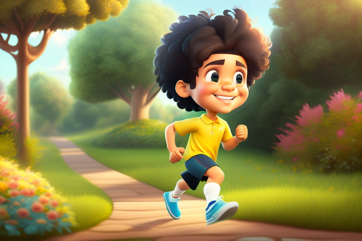 Lexica - Sam, a cute cartoon boy with black hair, running happily in a ...