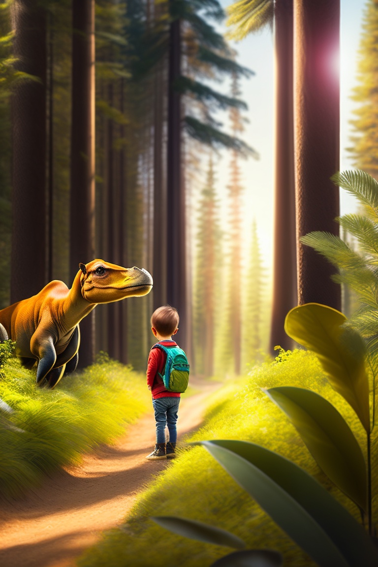 Lexica - Exploration, Curious, Boy, Forest, Dinosaur, Book, Sunny, Morning