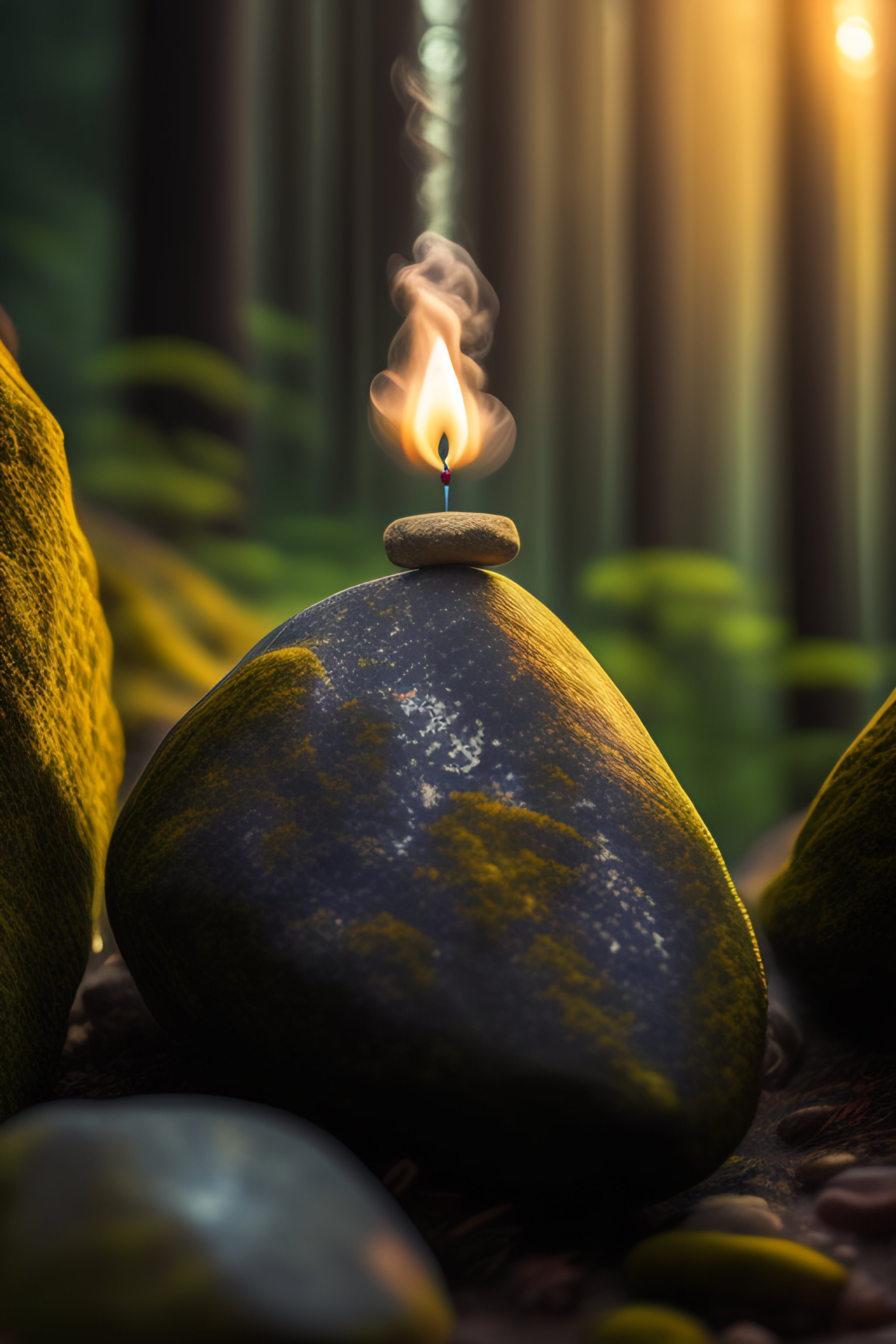 Lexica - An smoking incense stick on a rock in the forest, highly ...