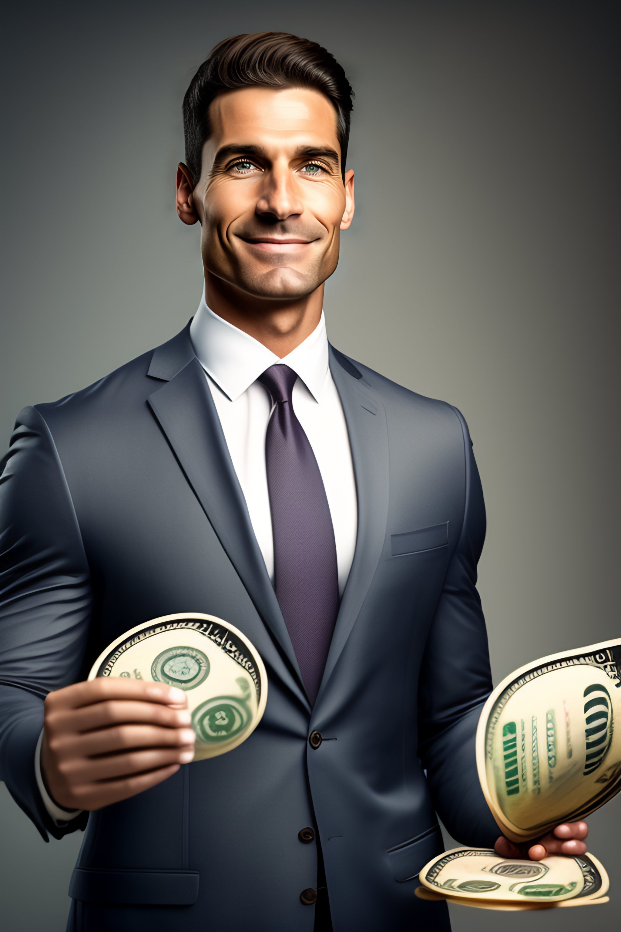 Lexica - Portrait of a sales man holding money