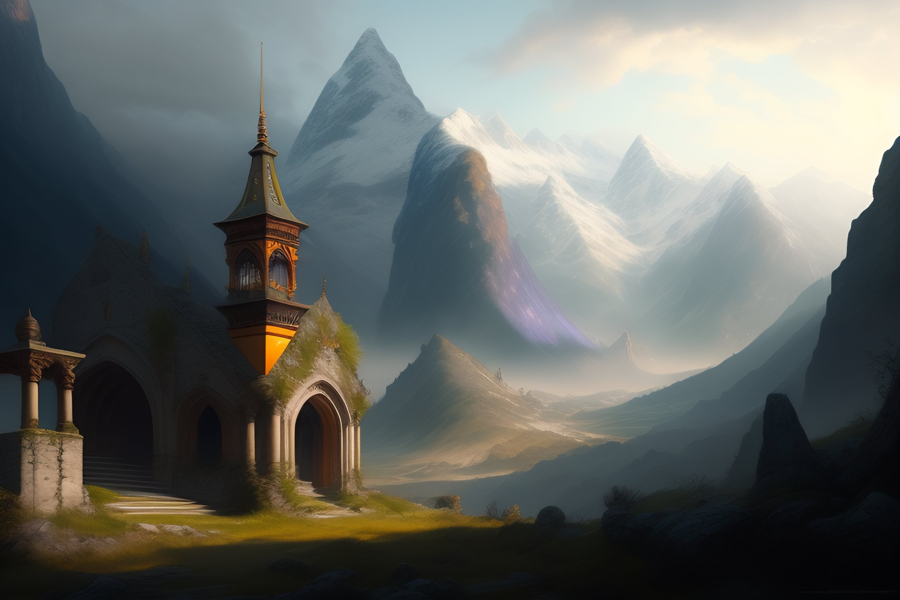 Lexica - Bleak medieval town in a valley, mountains in background ...