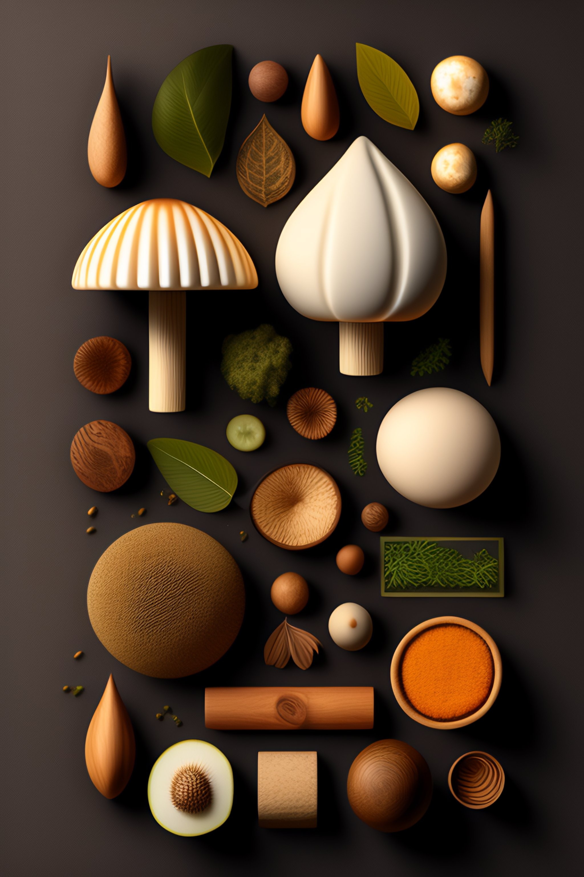 Lexica - 'Mushroom, Knolling, Knolling layout, Earth tones, Natural ...