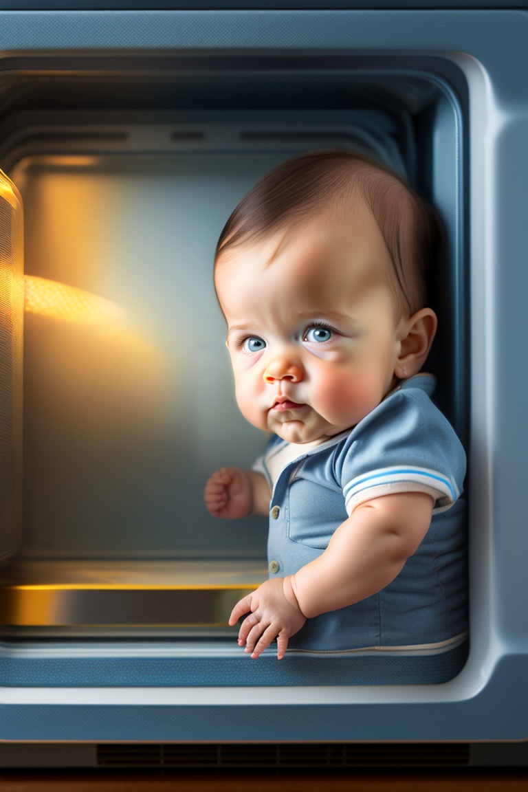 Lexica - Baby boy in front of a microwave, looking at the camera