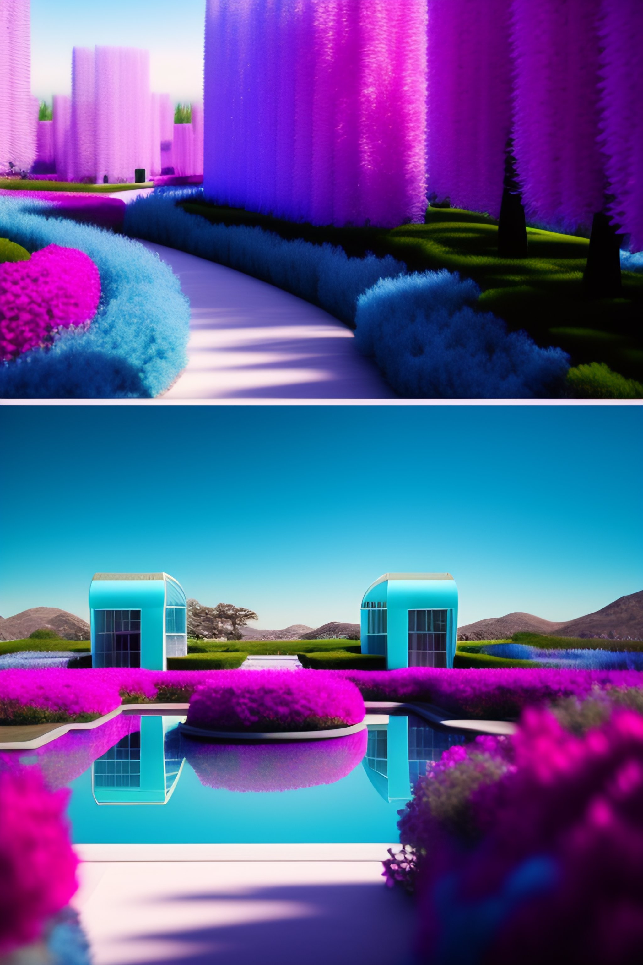 Lexica - Baby blue buildings far above a crystal grove, a magenta ...