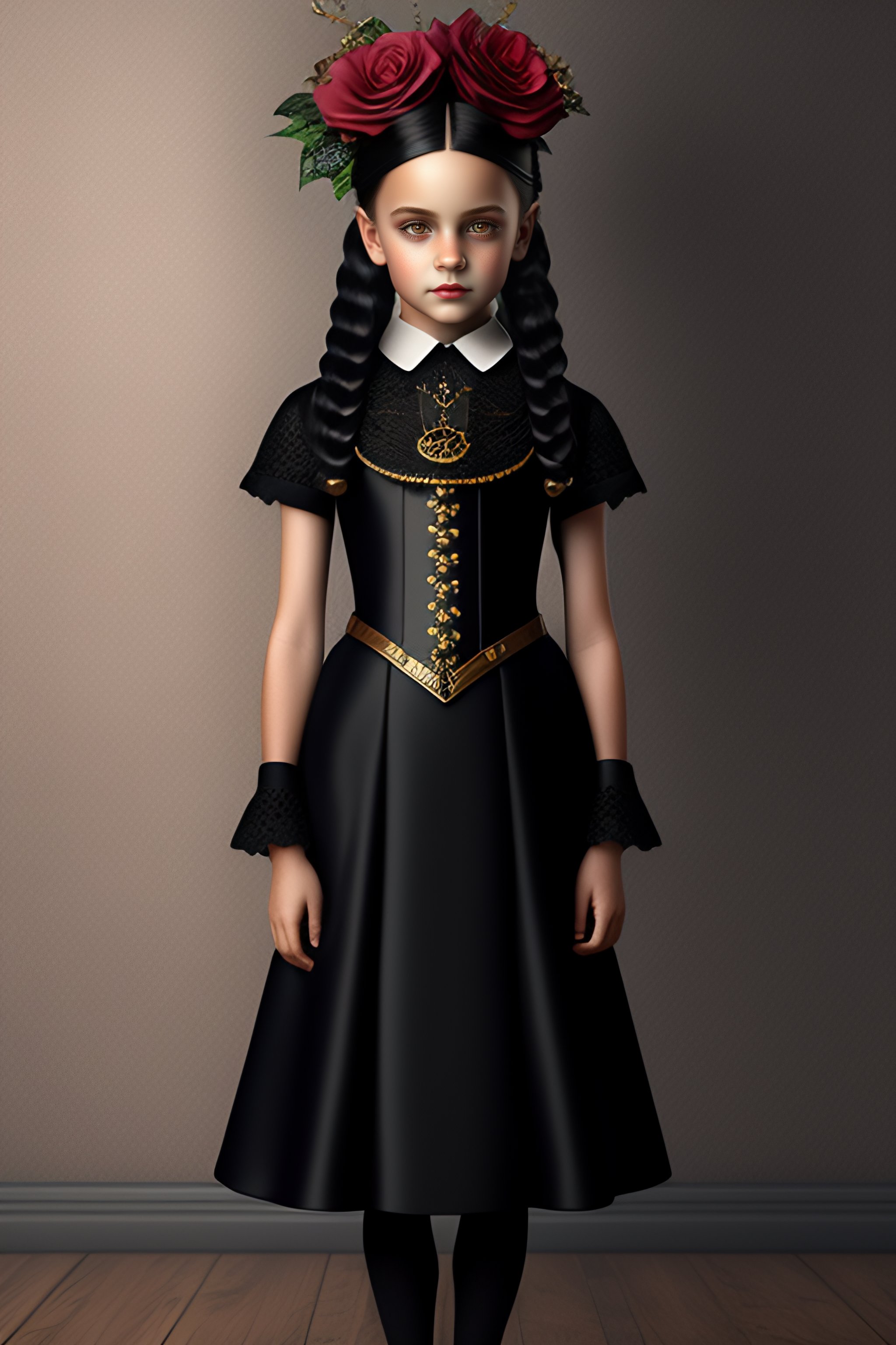 Lexica - Young Wednesday Addams stunning steampunk with black flower ...