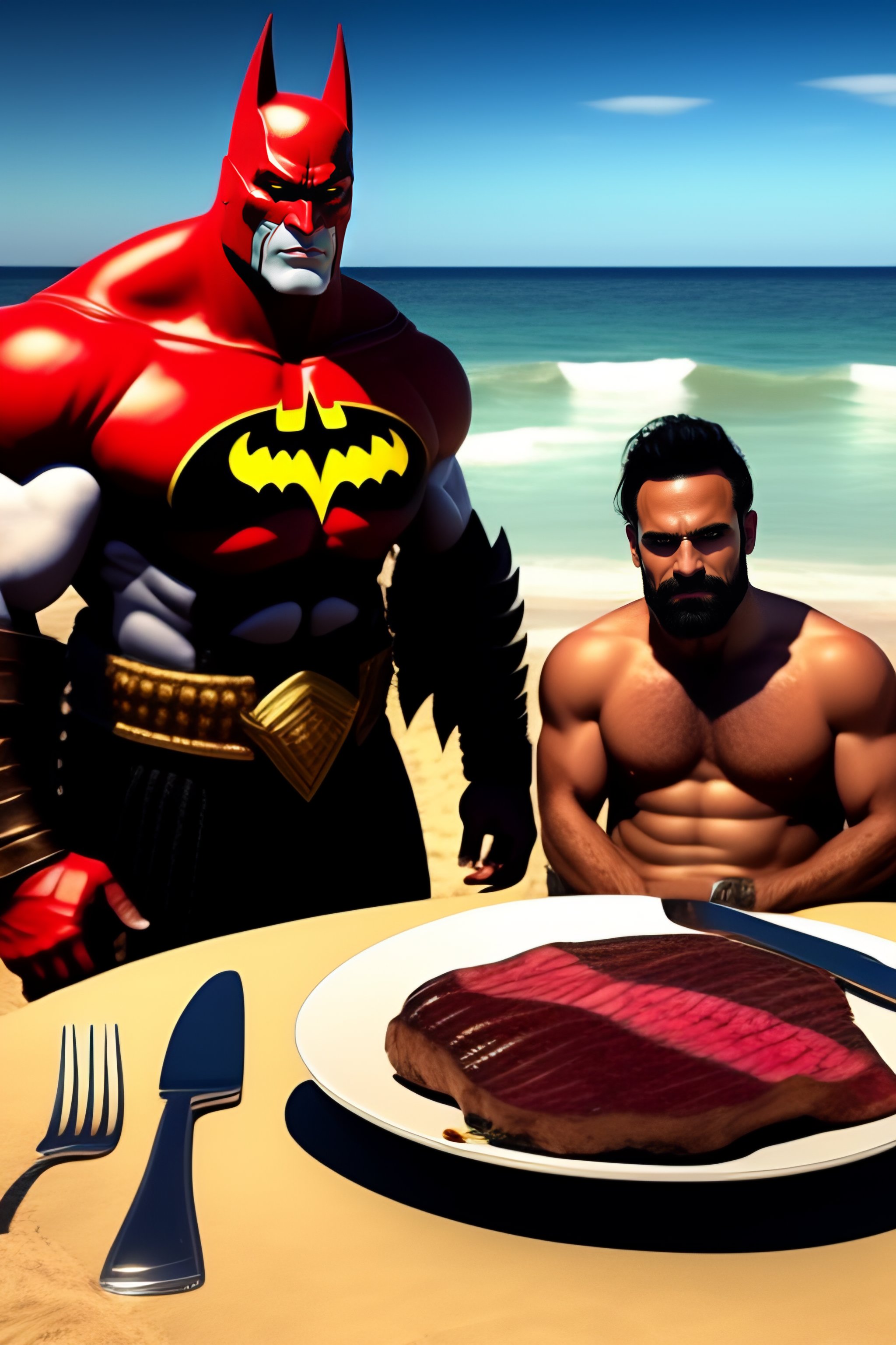 Lexica - KRATOS AND BATMAN HAVING STEAK DINNER ON A BEACH WITH KNIVES ...