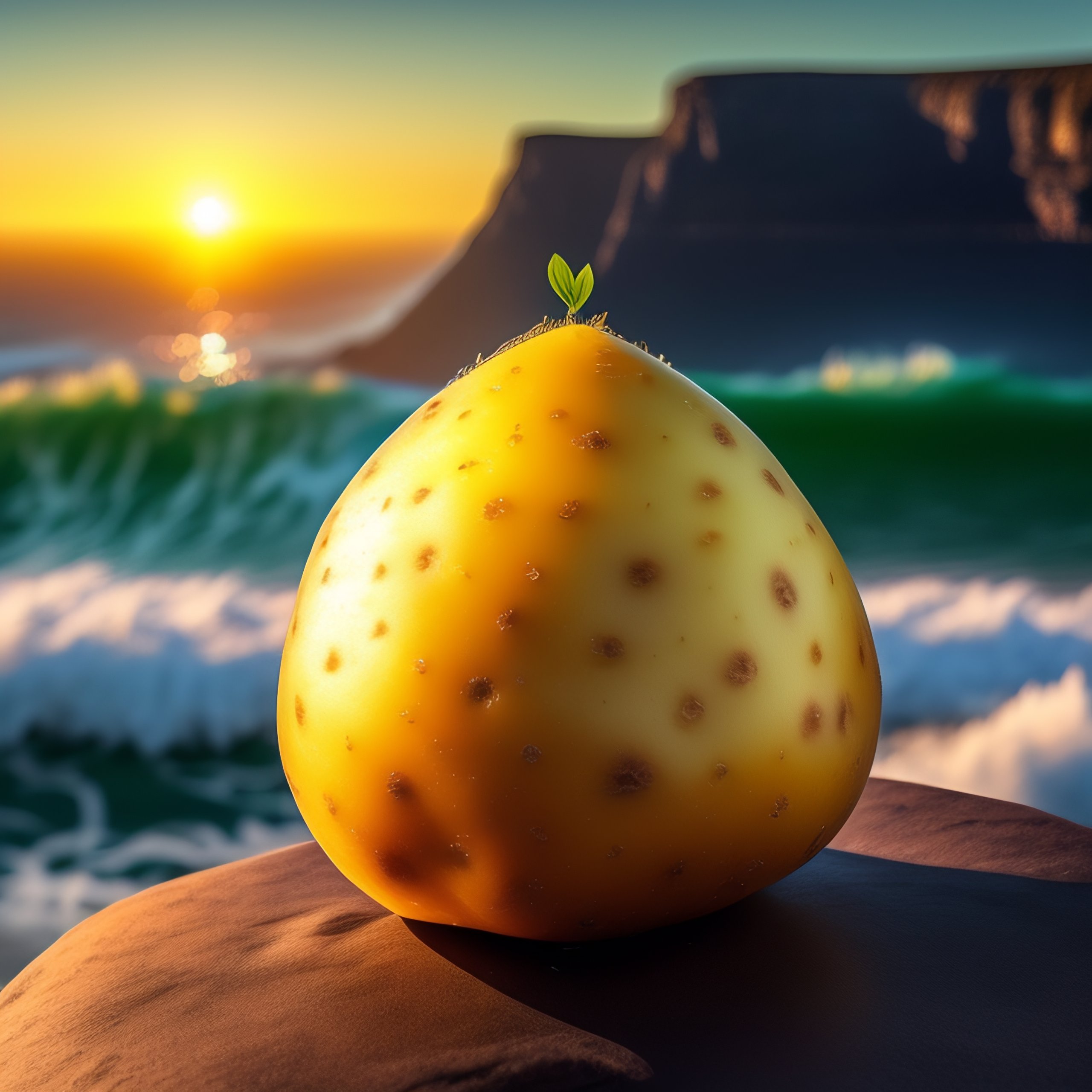 Lexica - Imagine a living potato standing atop a windswept cliff in ...