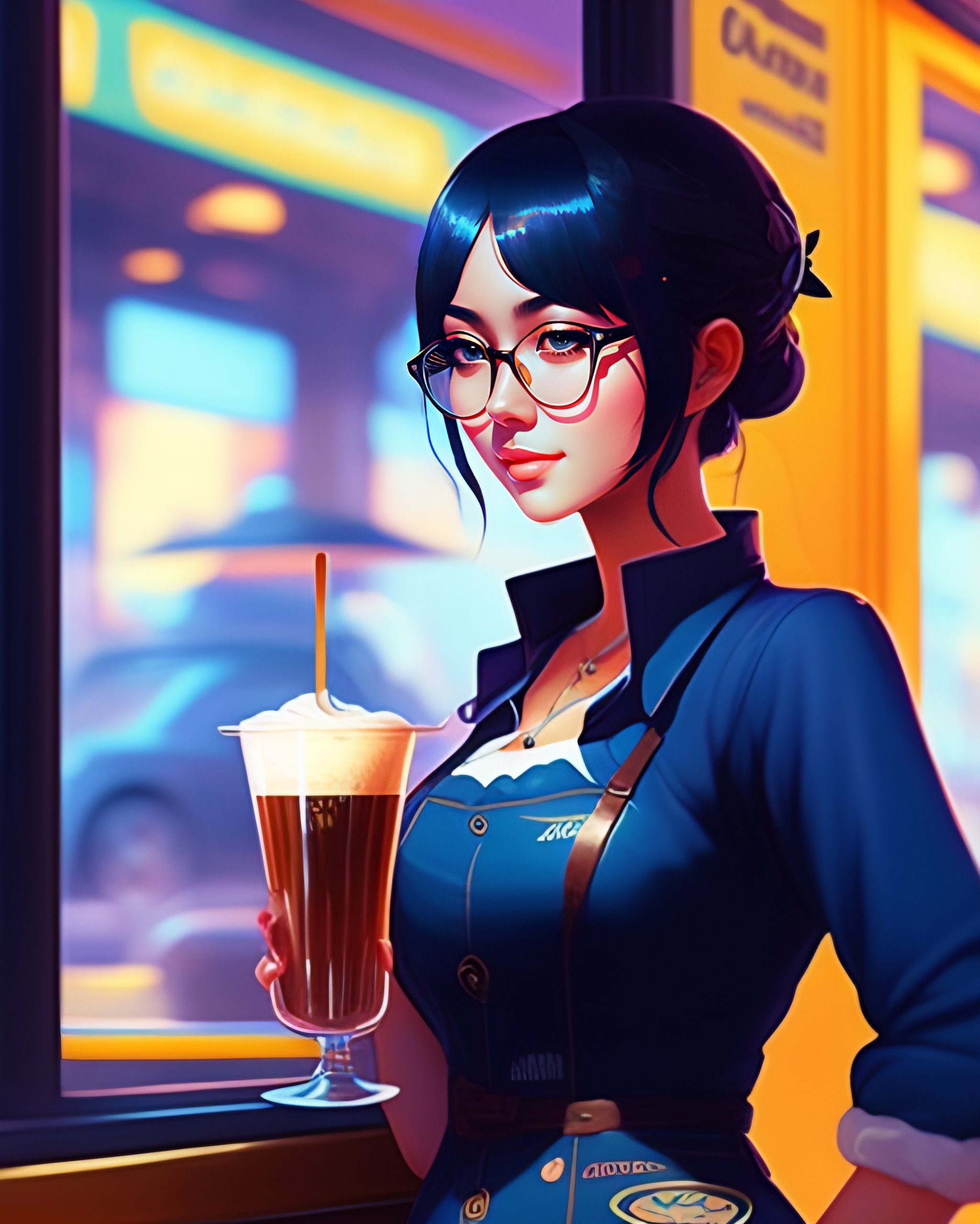 Lexica - Cute barista girl in blue dress black hair black wayfarer ...
