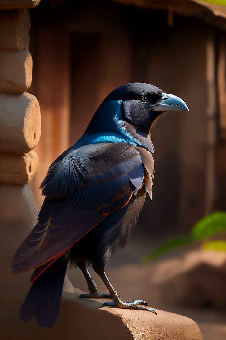 Lexica - A crow with sharp feather, in a village having village properties
